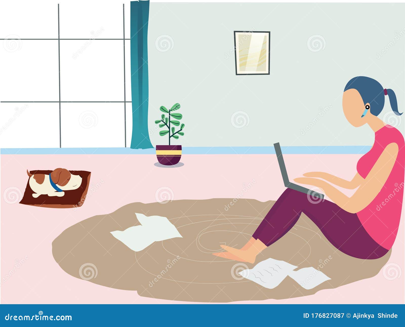 Working At Home Concept. Technology Laptop Connecting On World Maps ...