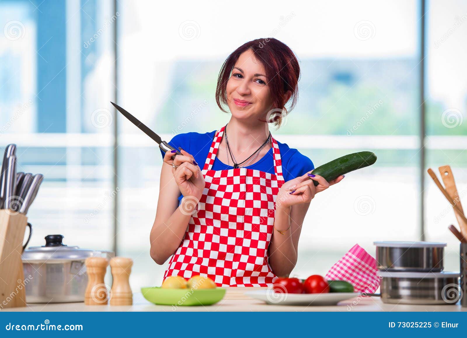 The Young Woman Working in the Kitchen Stock Image - Image of knife ...