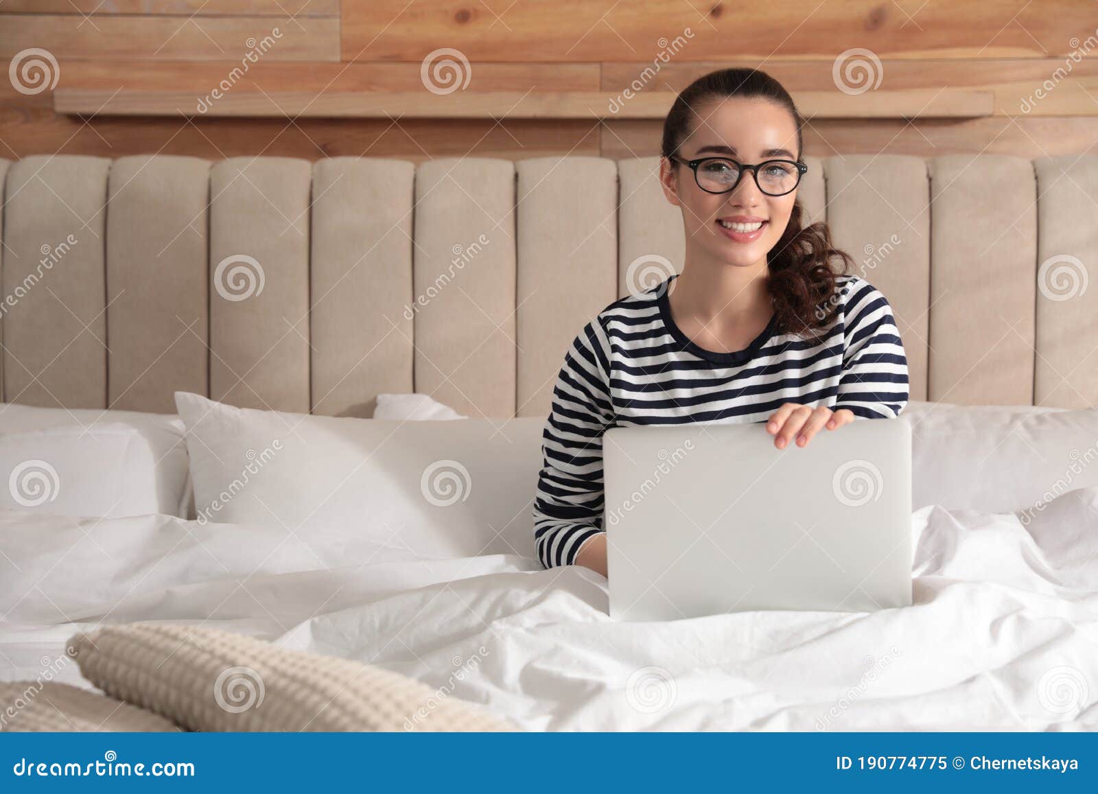 Woman Working with Laptop on Bed at Home Stock Image - Image of ...