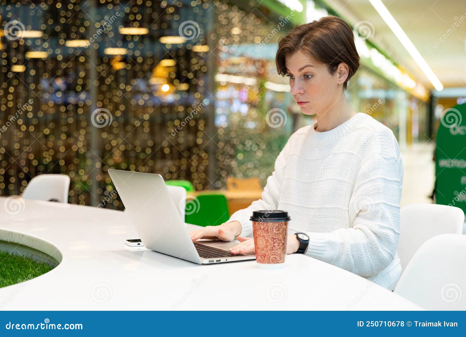 Young Woman Working on a Laptop in a Cafe Stock Photo - Image of work ...