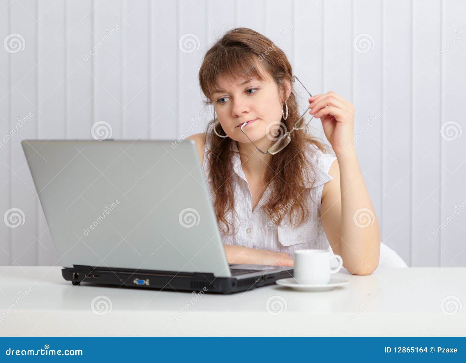 Young Woman Working with Laptop Computer at Table Stock Photo - Image ...