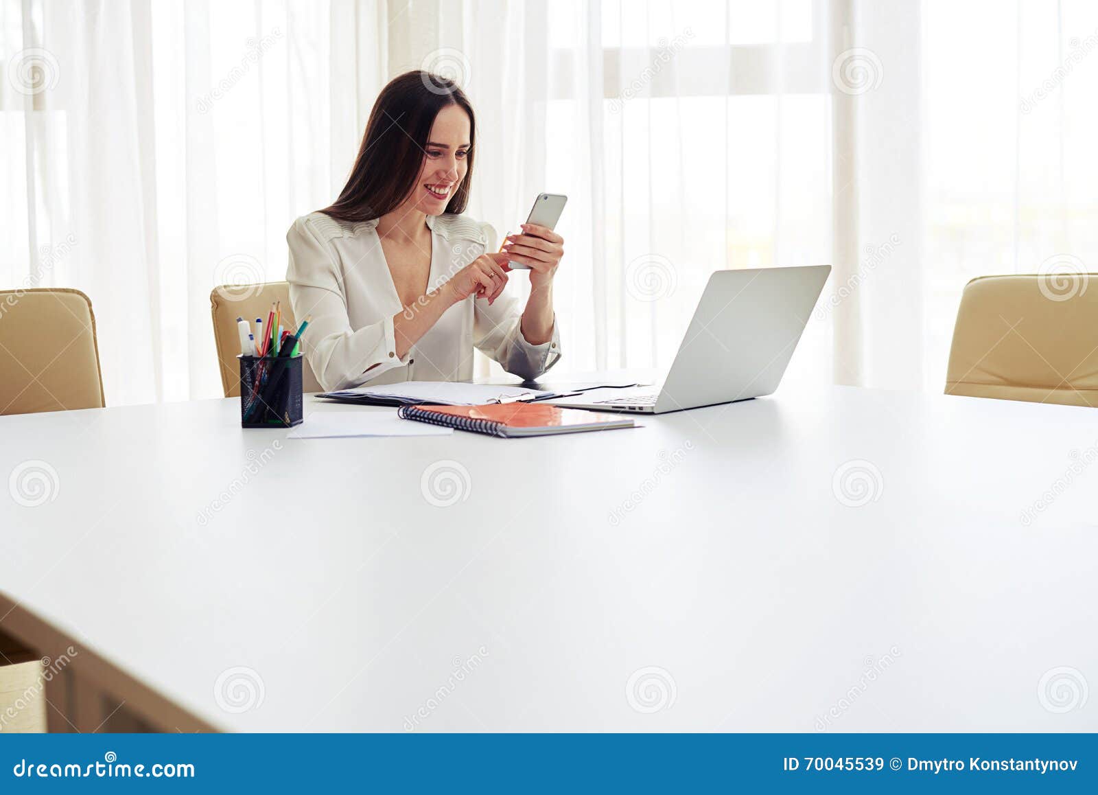 Young Woman Working on Phone in the Modern Spacious Office Stock Image ...