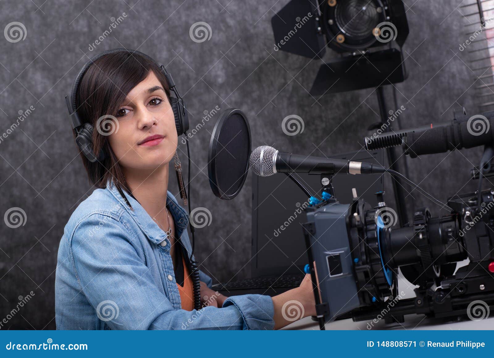 Young Woman Working on the Radio Studio Stock Image - Image of ...