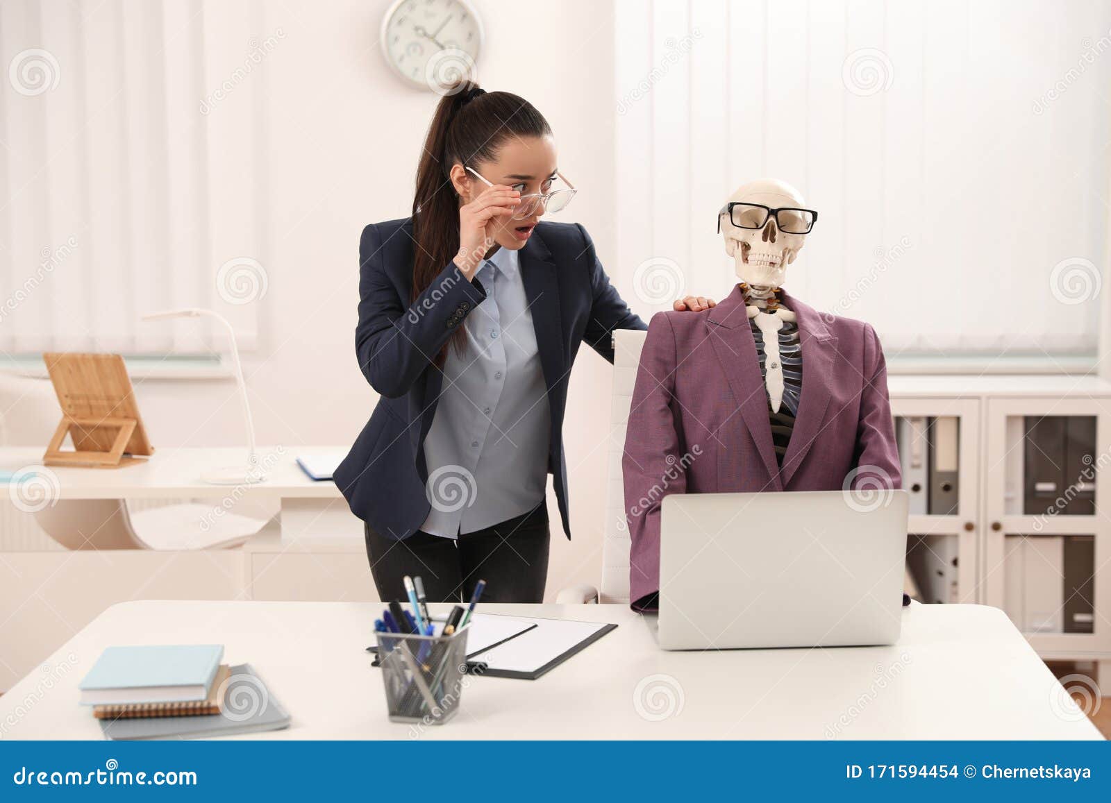 Young Woman Working with Skeleton Stock Photo - Image of glasses ...