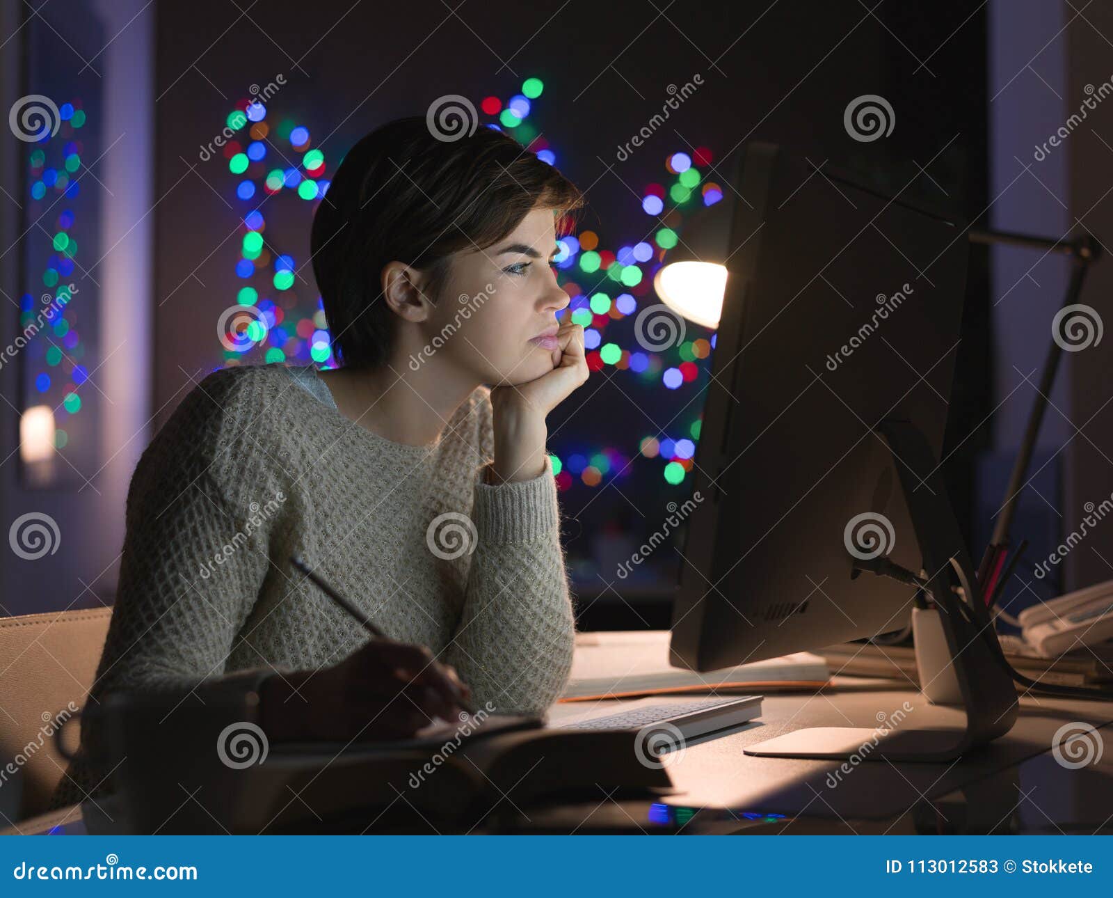 Woman Working Late at Night Stock Image - Image of reading, desk: 113012583