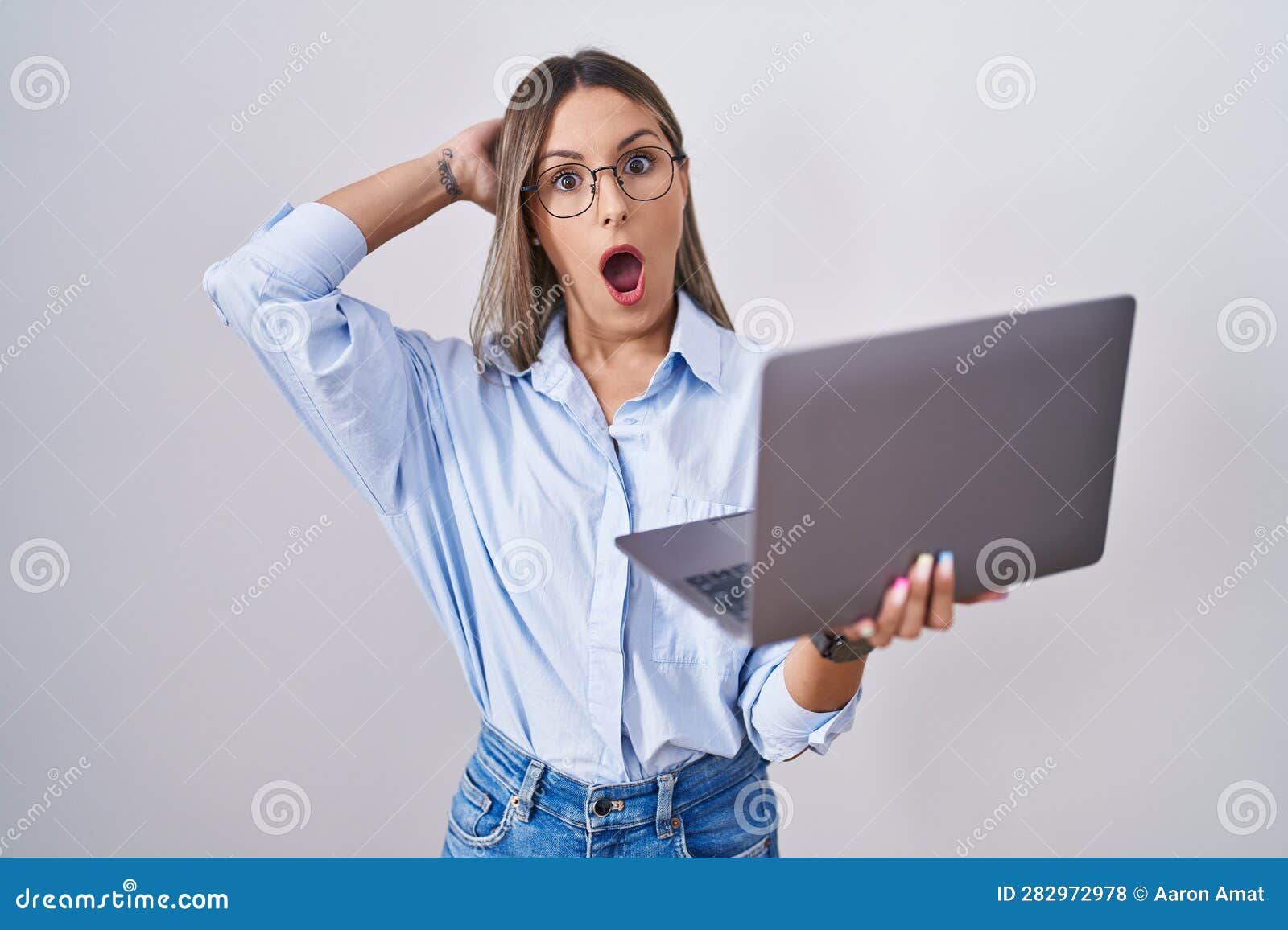 Young Woman Working Using Computer Laptop Crazy and Scared with Hands ...