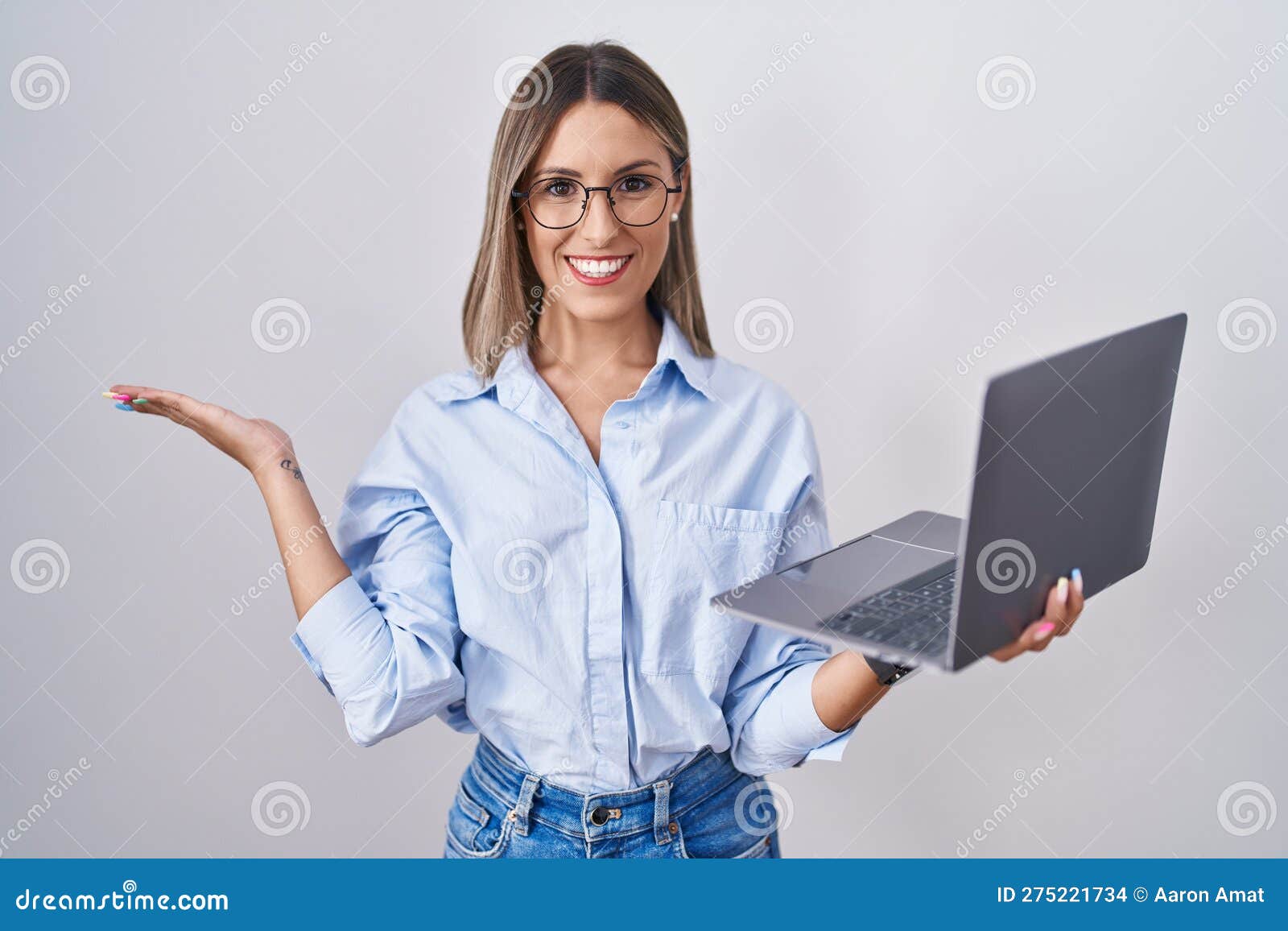 Young Woman Working Using Computer Laptop Smiling Cheerful Presenting ...