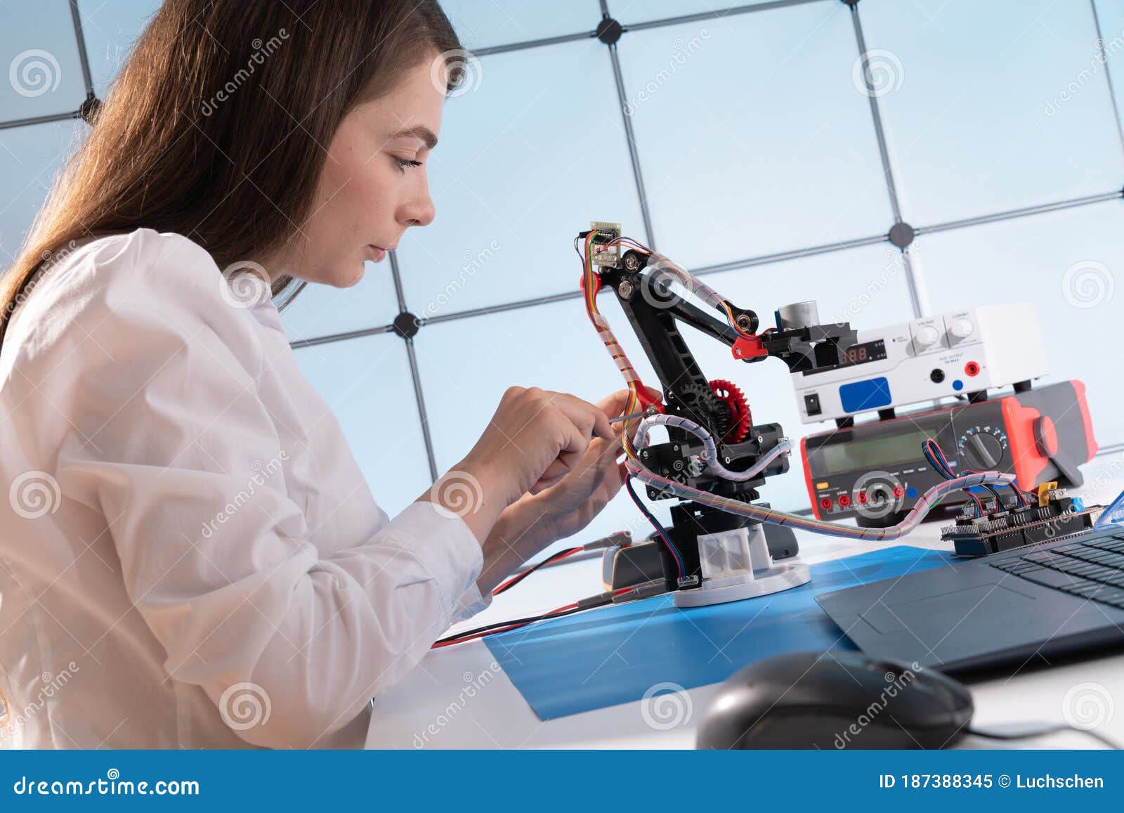 A Young Woman Writes an Algorithm for the Robot Arm. Science Research ...