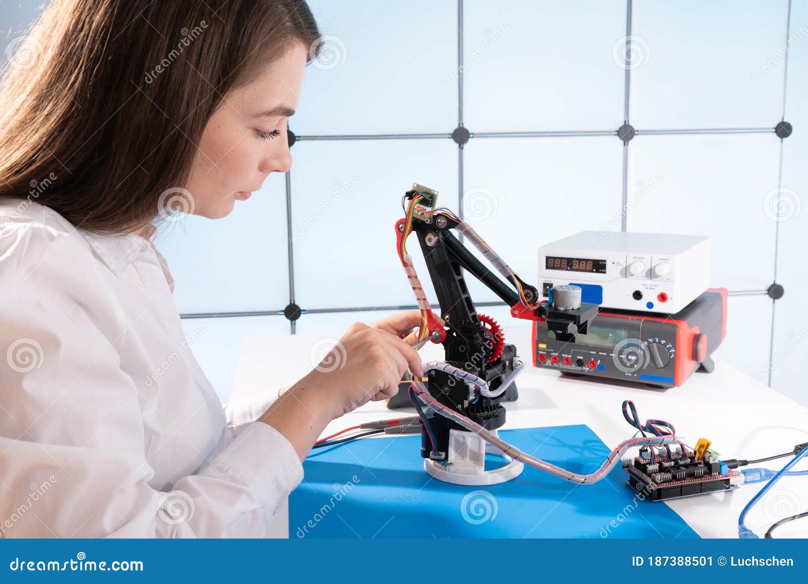 A Young Woman Writes an Algorithm for the Robot Arm. Science Research ...