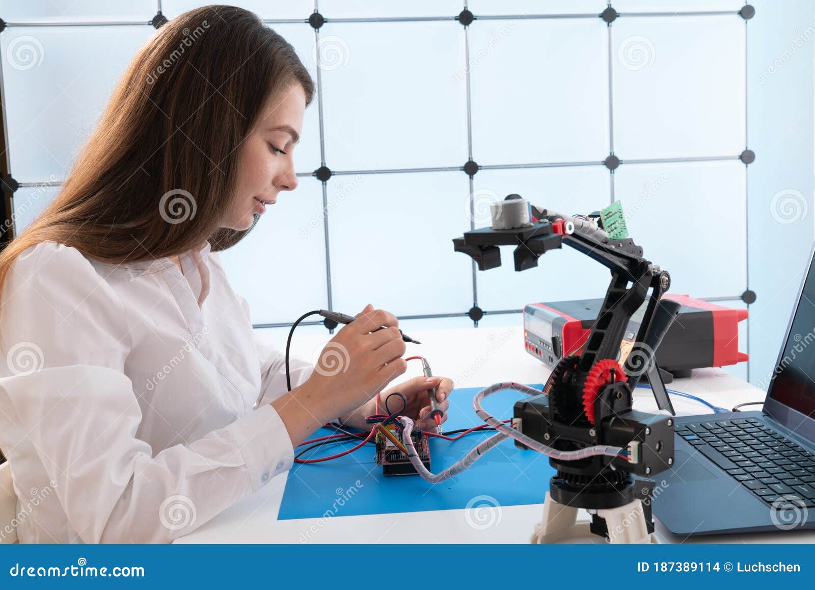 A Young Woman Writes an Algorithm for the Robot Arm. Science Research ...