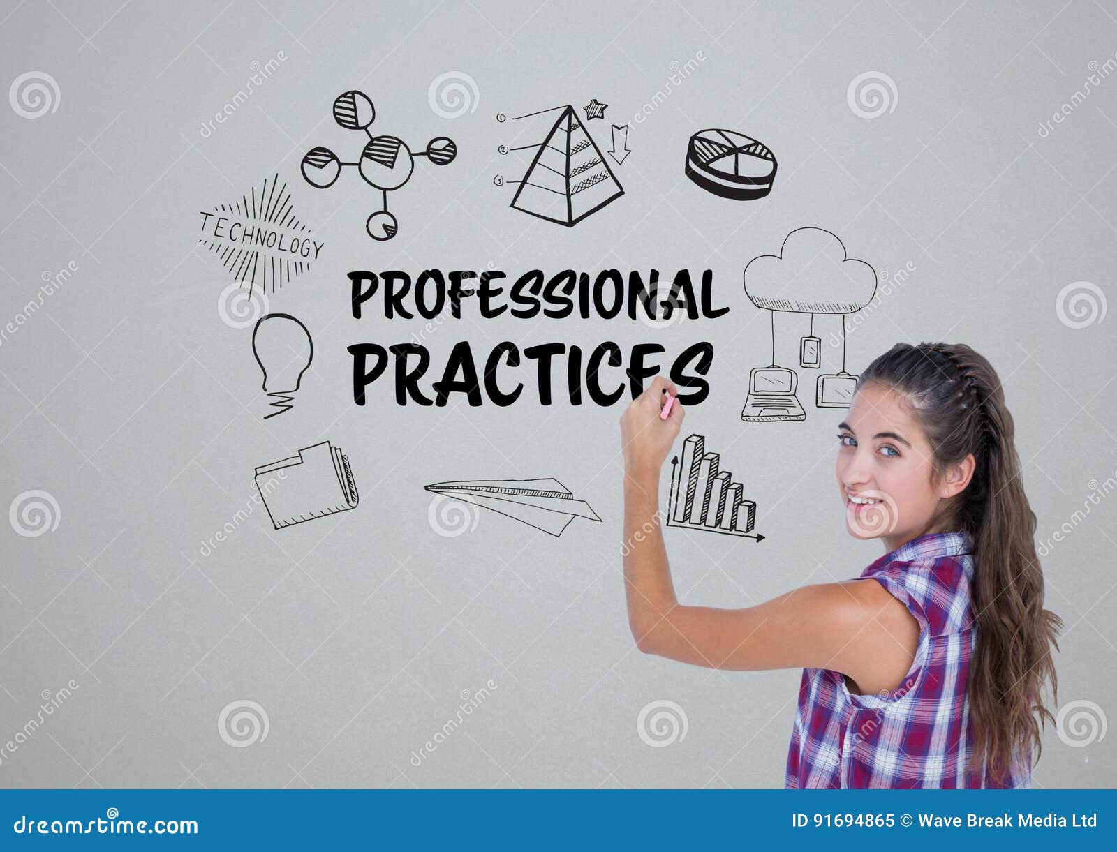 Young Woman Writing the Graphic about Professional Practice on the Wall ...