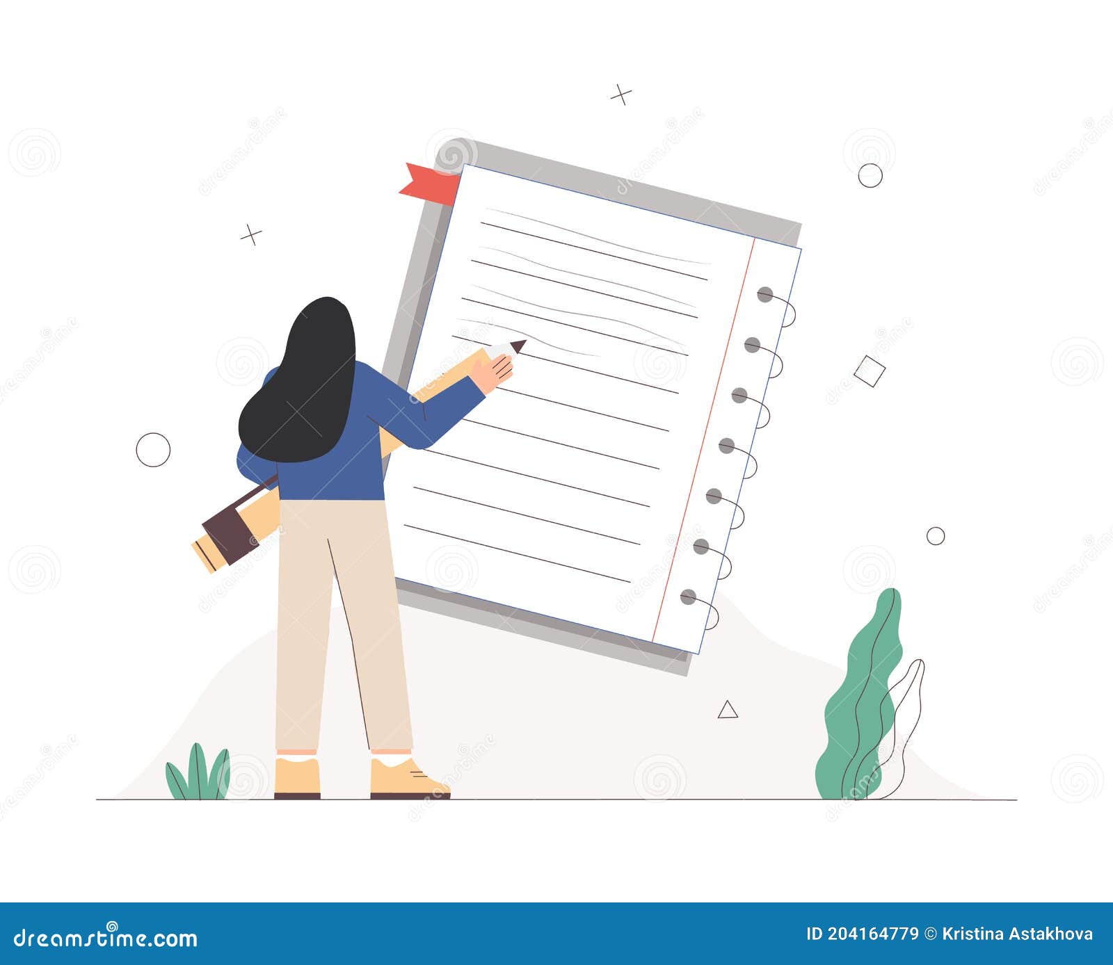 Young Woman Writing in Notebook, Take Notes with Giant Pencil. Flat ...