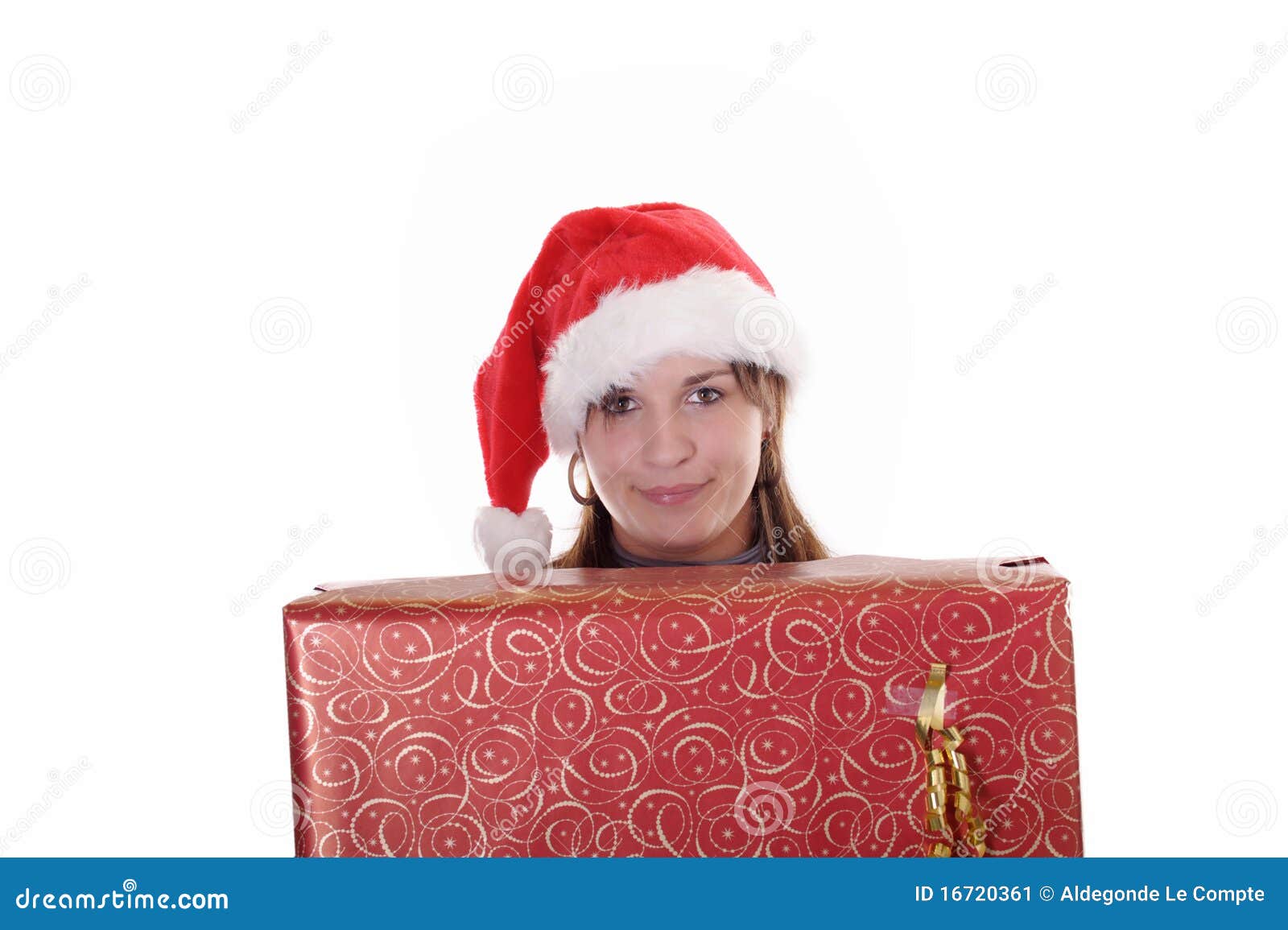 Young Woman with Xmas Hat Behind Big Present Stock Image - Image of ...