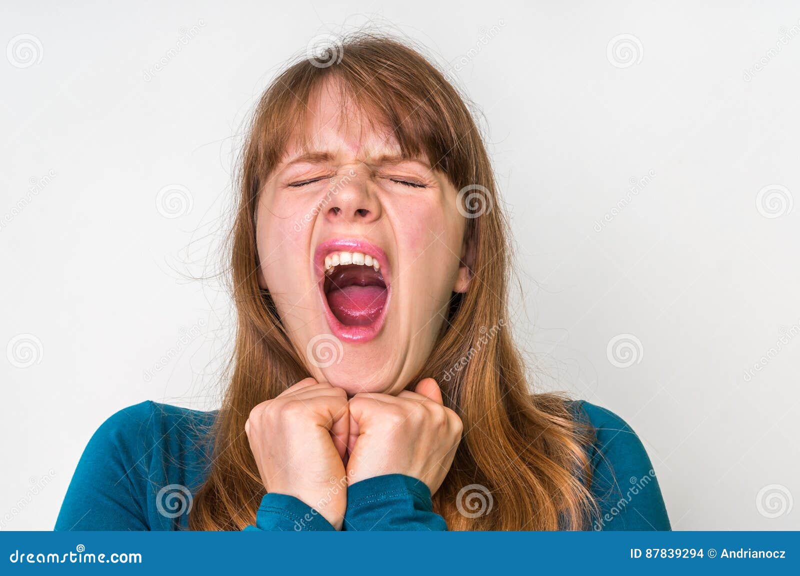 Young Woman Yawning on White Stock Photo - Image of student, female ...