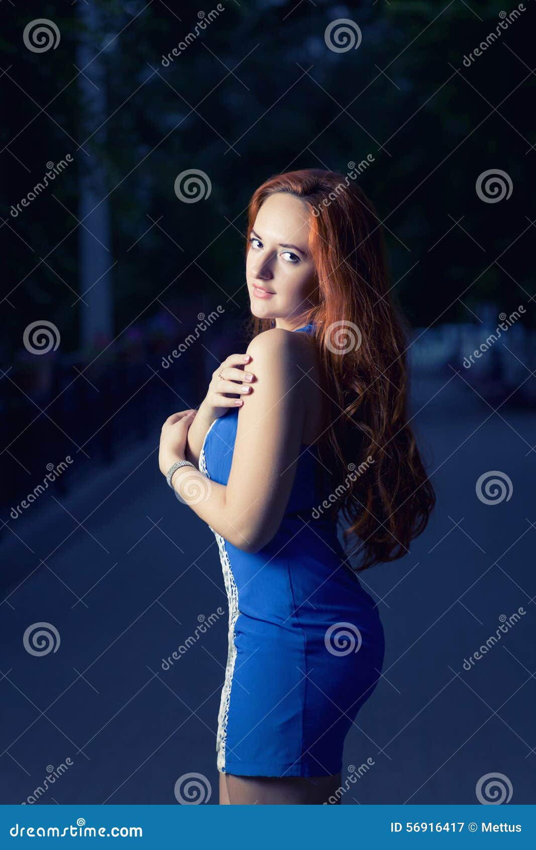 Young Women In Blue Dress Posing The Street At Stock Image Image Of