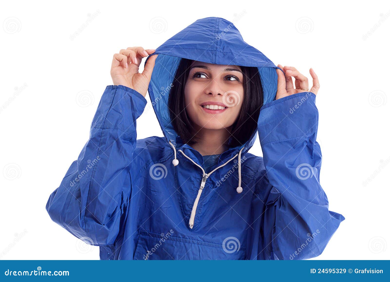 Young Women in a Blue Rain Coat Stock Image - Image of looking ...