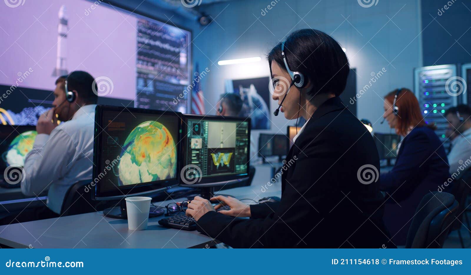 Flight Operator Using Computer during Spacecraft Launch Stock Photo ...