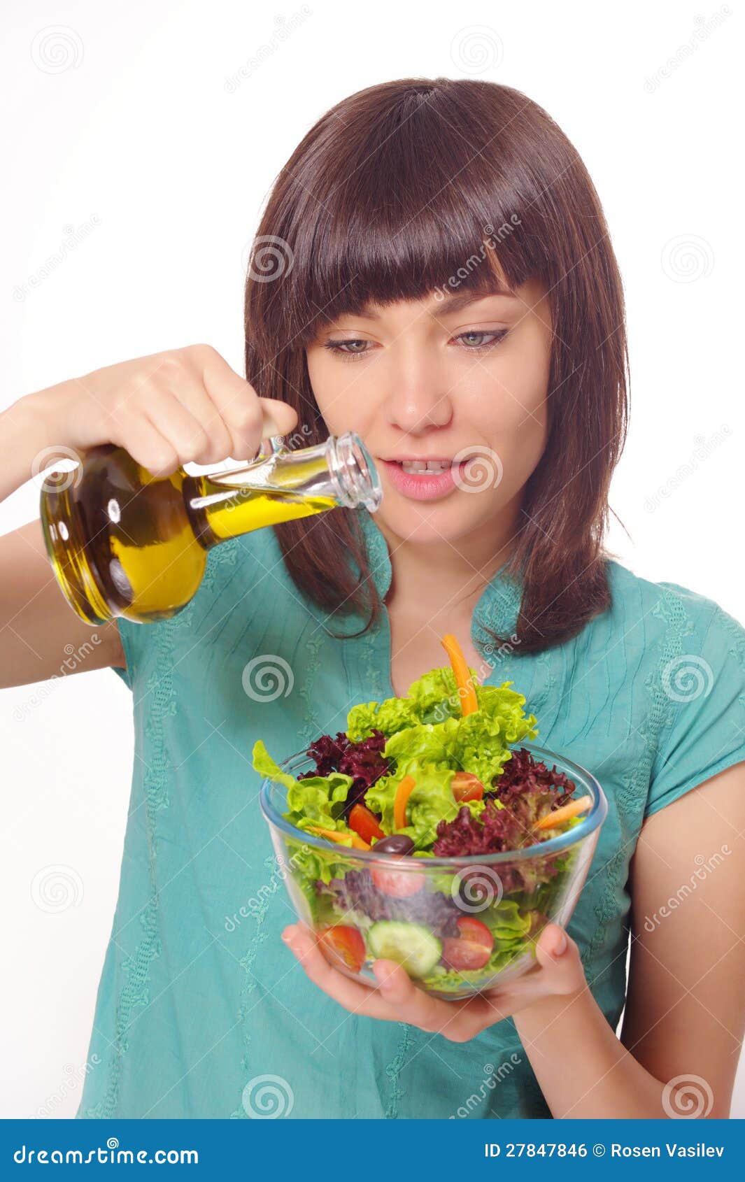 Young Women Making Salad on White Background Stock Photo - Image of ...