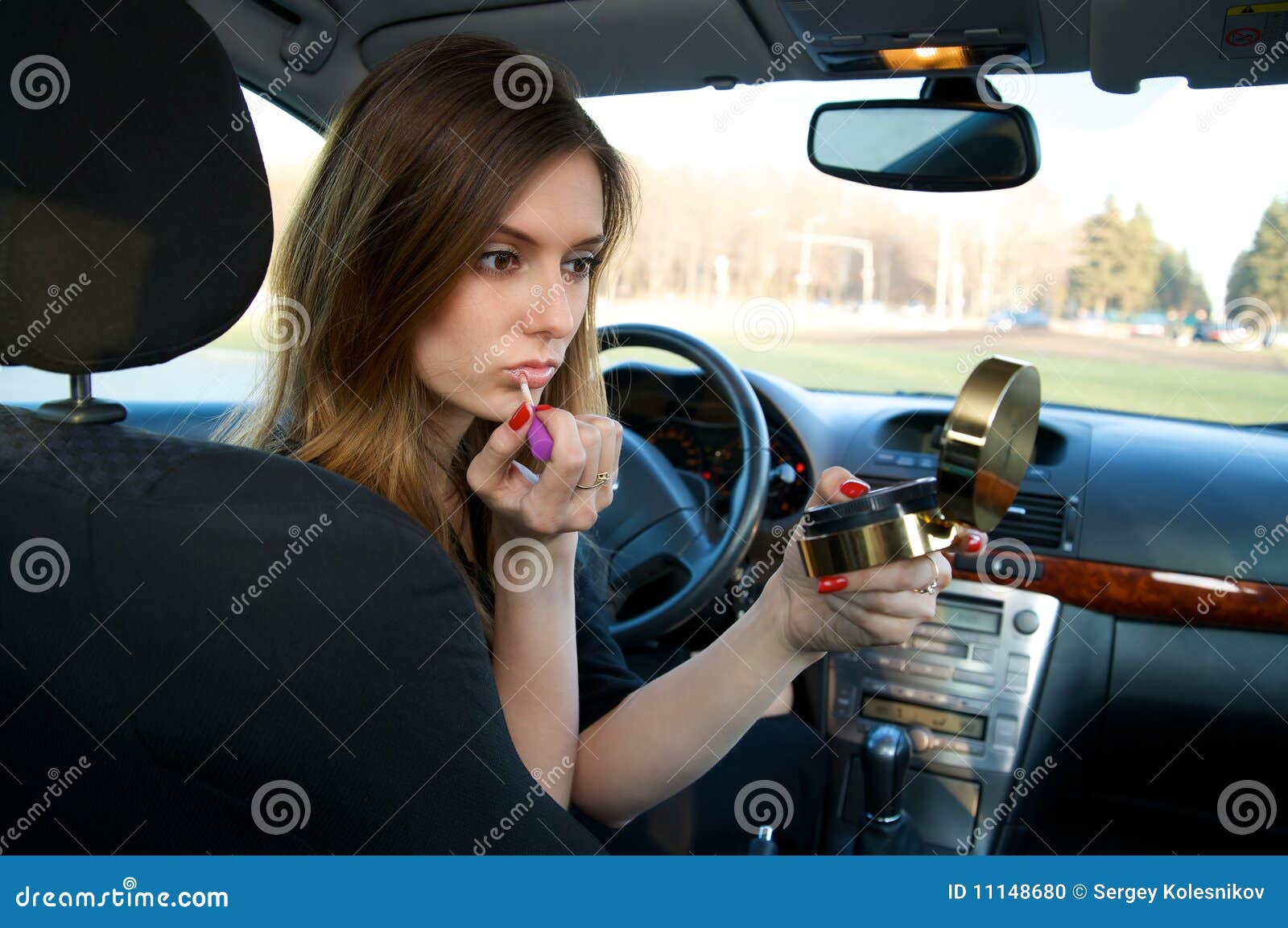 Young Women Preparing Her Make-up in Car Stock Photo - Image of fashion ...