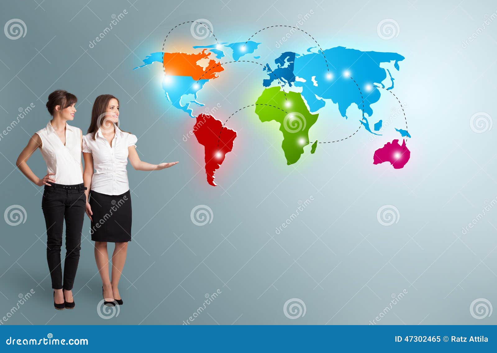 Young Women Presenting Colorful World Map Stock Image - Image of modern ...
