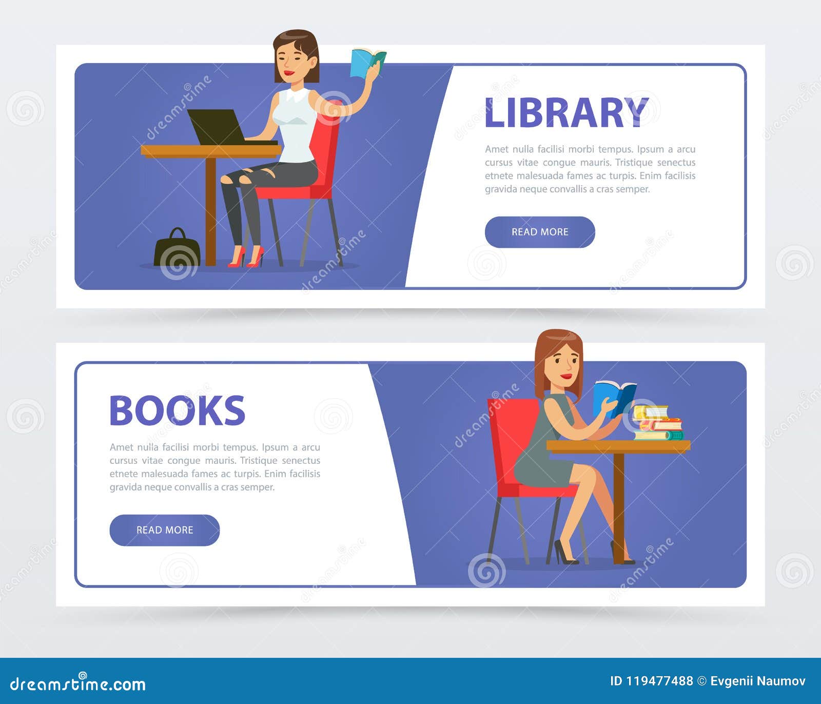 Young Women Reading Books and Working with Laptop Computer in Library ...