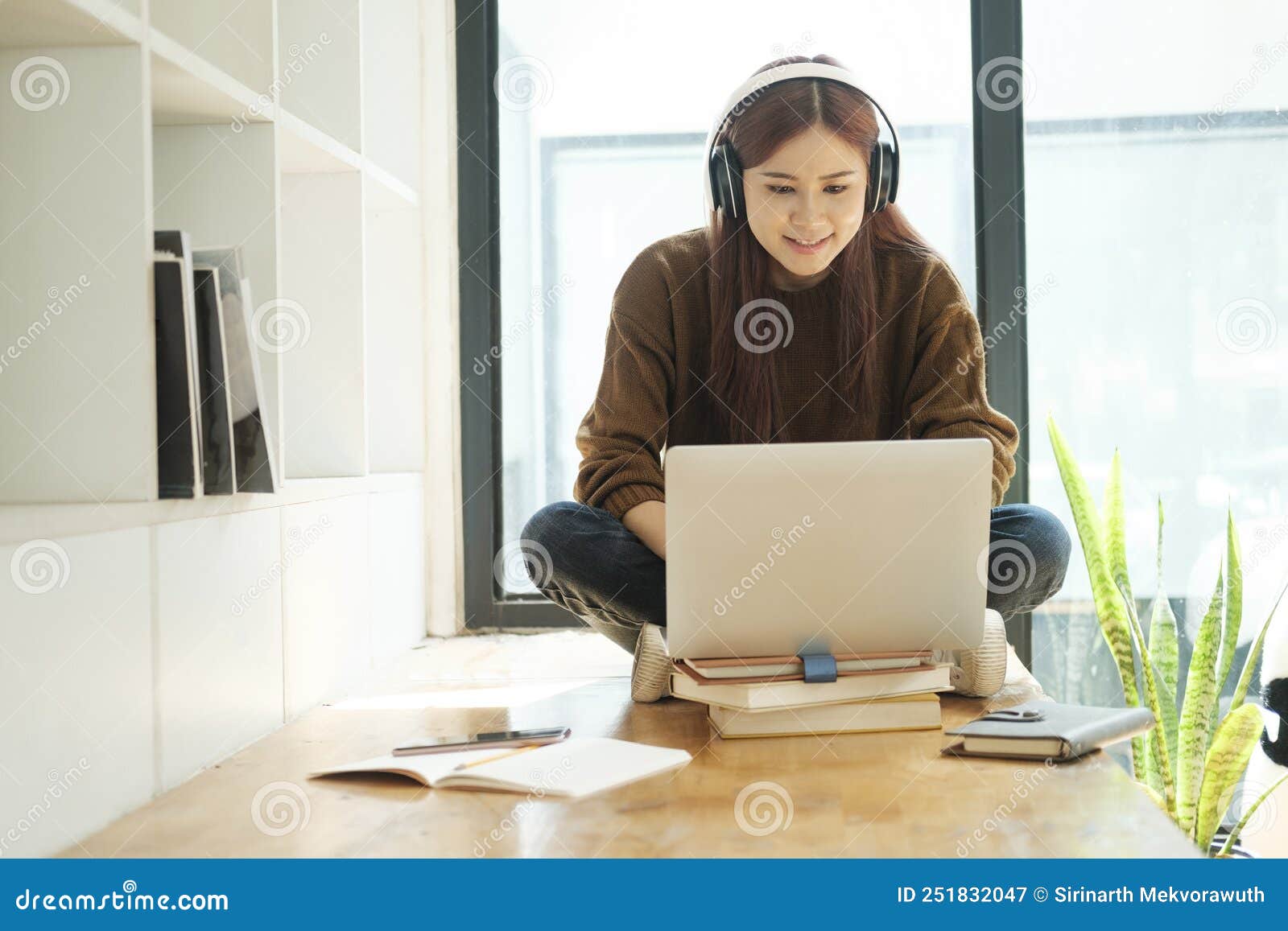 Young Women Study in Front of the Laptop Computer at Home. Stock Image ...