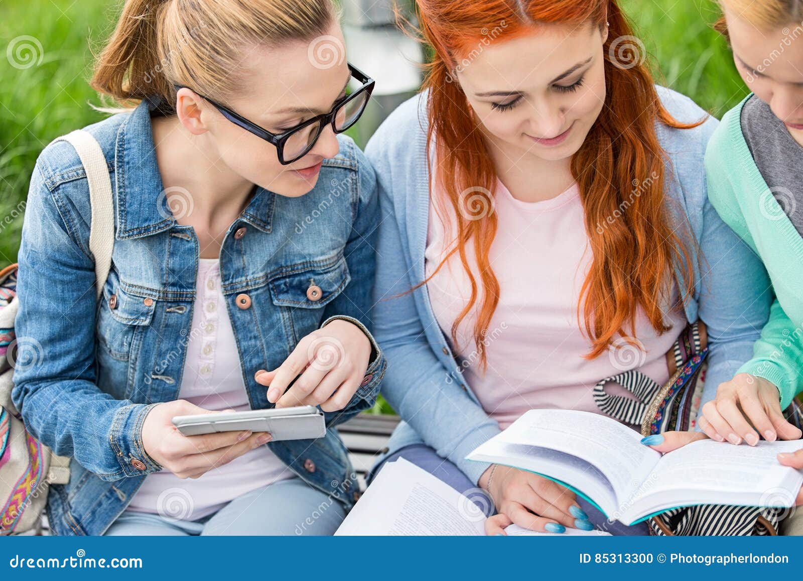 Young Women Studying Together in Park Stock Photo - Image of people ...