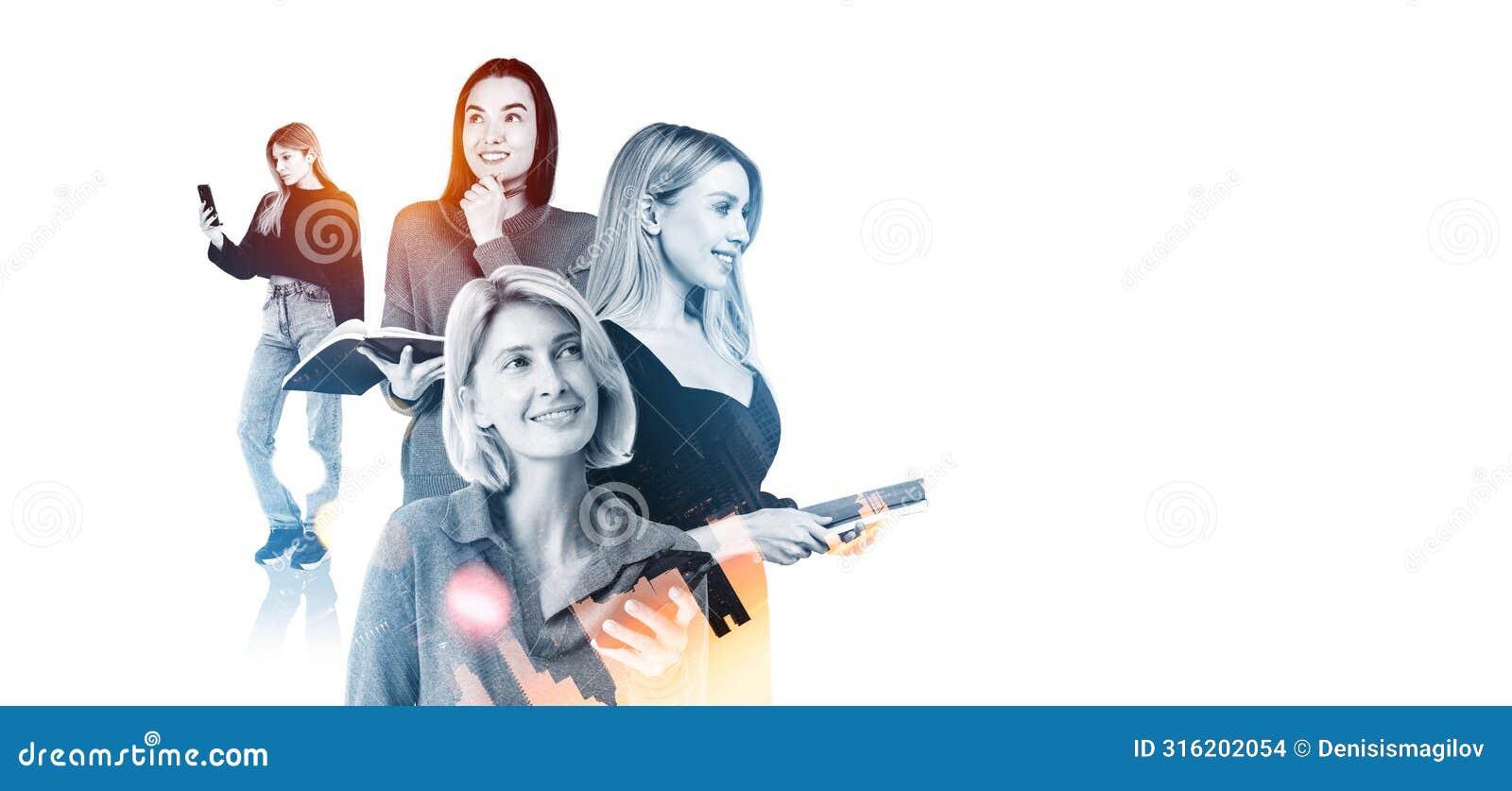 Young Women Teamwork with Devices in Hands on Copy Space Background ...