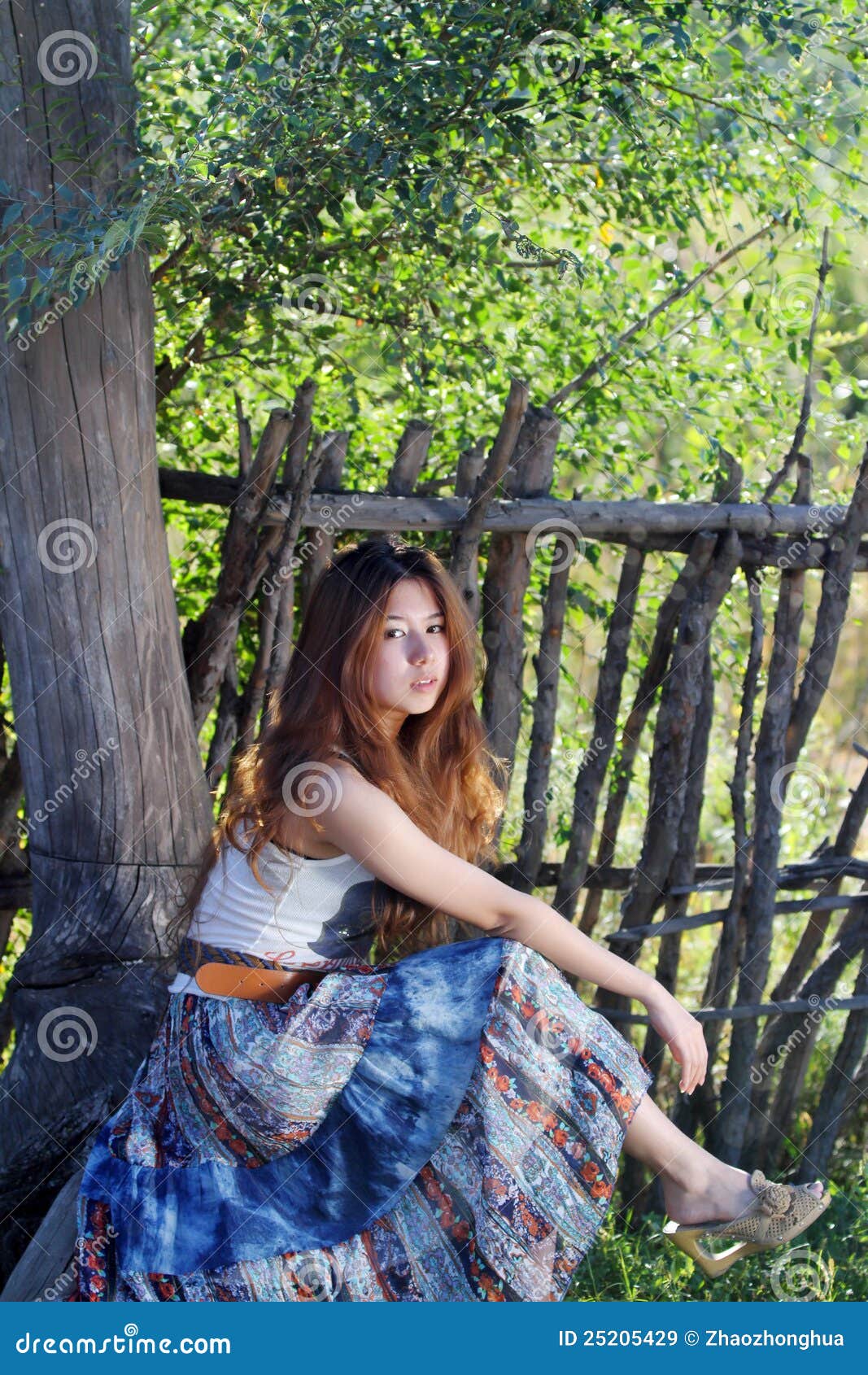 Young Women Under a Tree To Rest Stock Image - Image of fence, wood ...