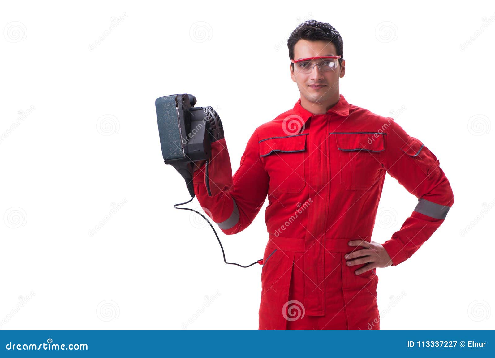 Young Worker with Belt Sander Sanding Power Tool Isolated on Whi Stock ...