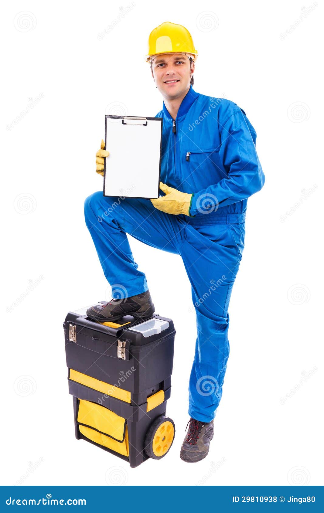 Young Worker with a Blank Clipboard Supporting His Foot on His Stock ...