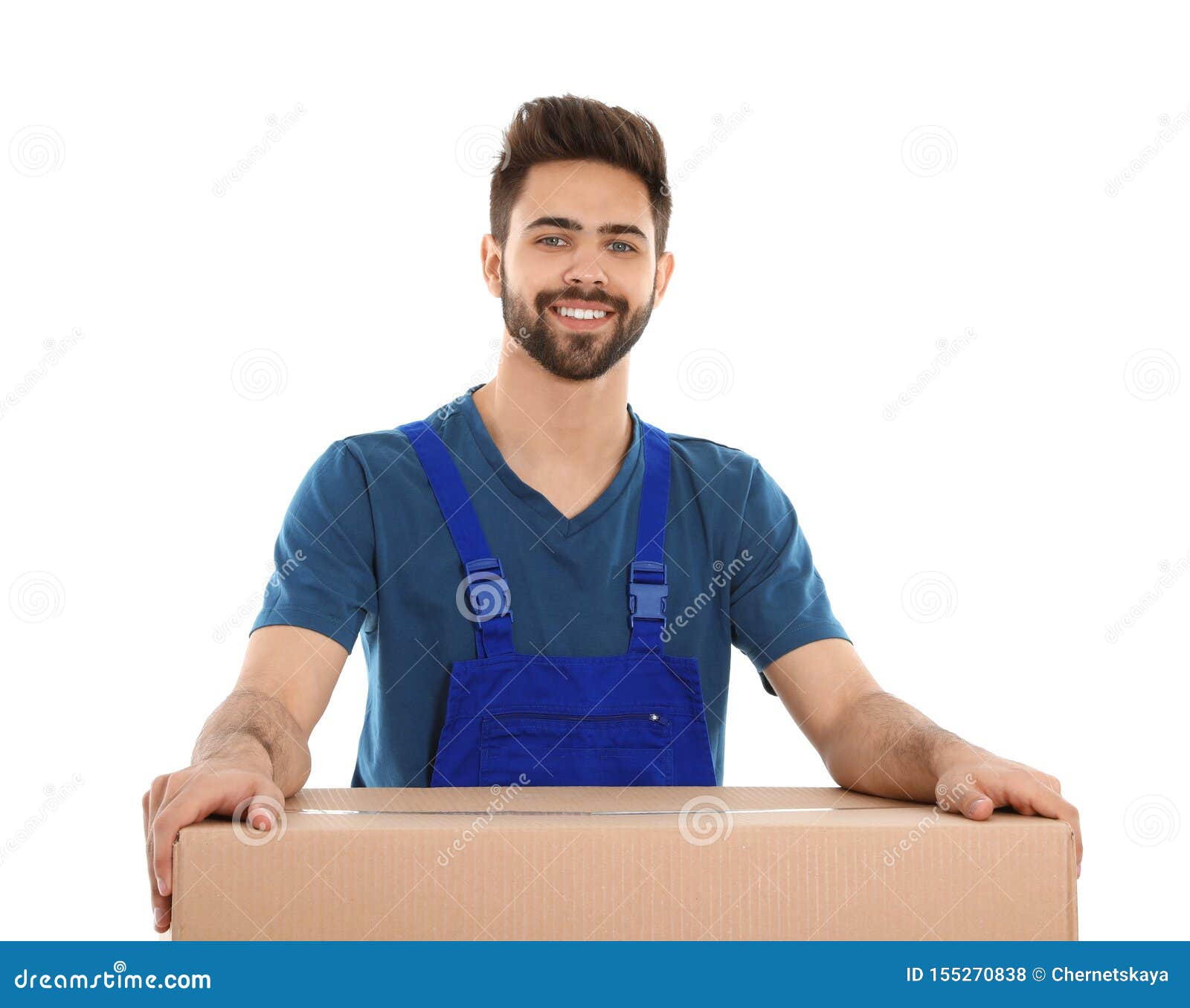 Young Worker with Box Isolated on White Stock Photo - Image of happy ...