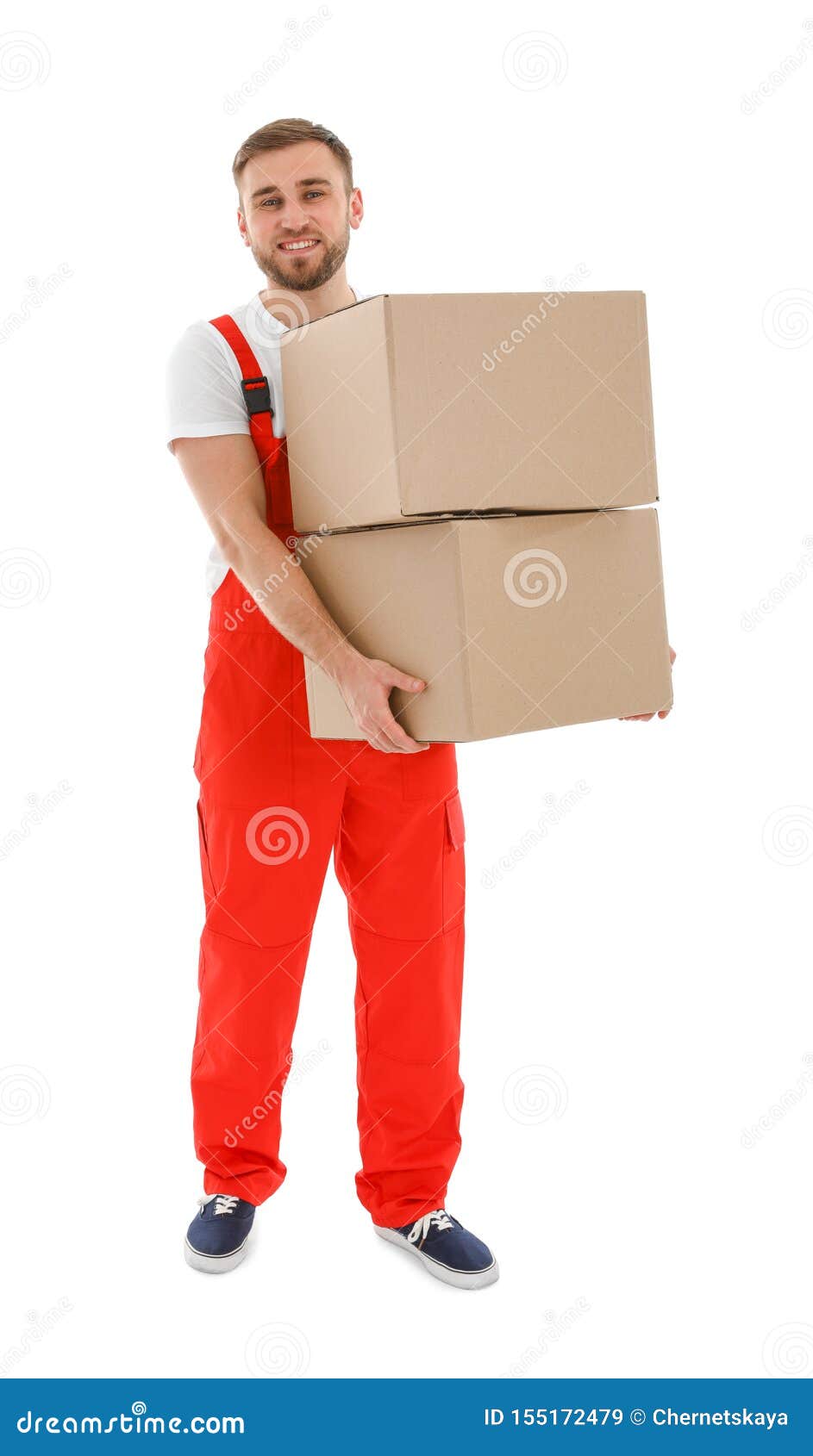 Young Worker Carrying Boxes Isolated. Moving Service Stock Image ...