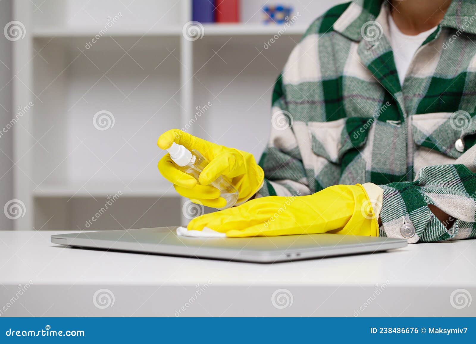 Young Worker Cleaning Table with Rag in Office Stock Photo - Image of ...