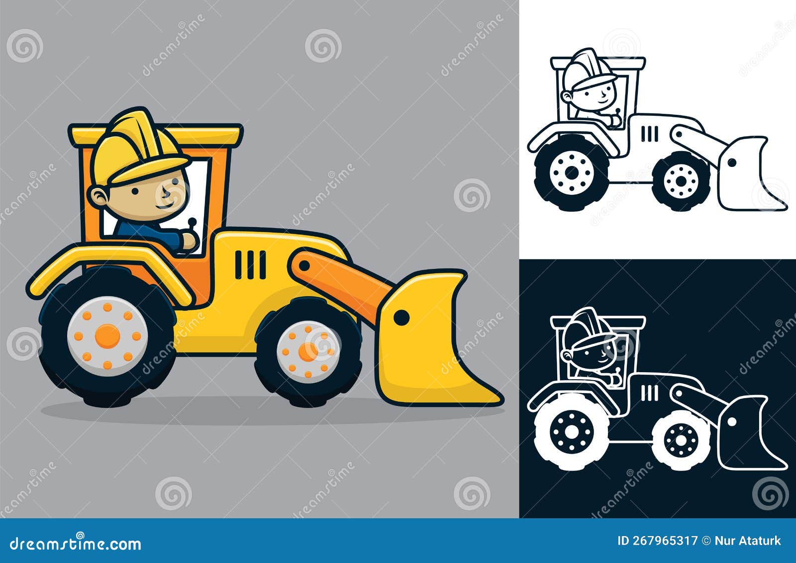 A Young Worker Driving Construction Vehicle. Vector Cartoon ...