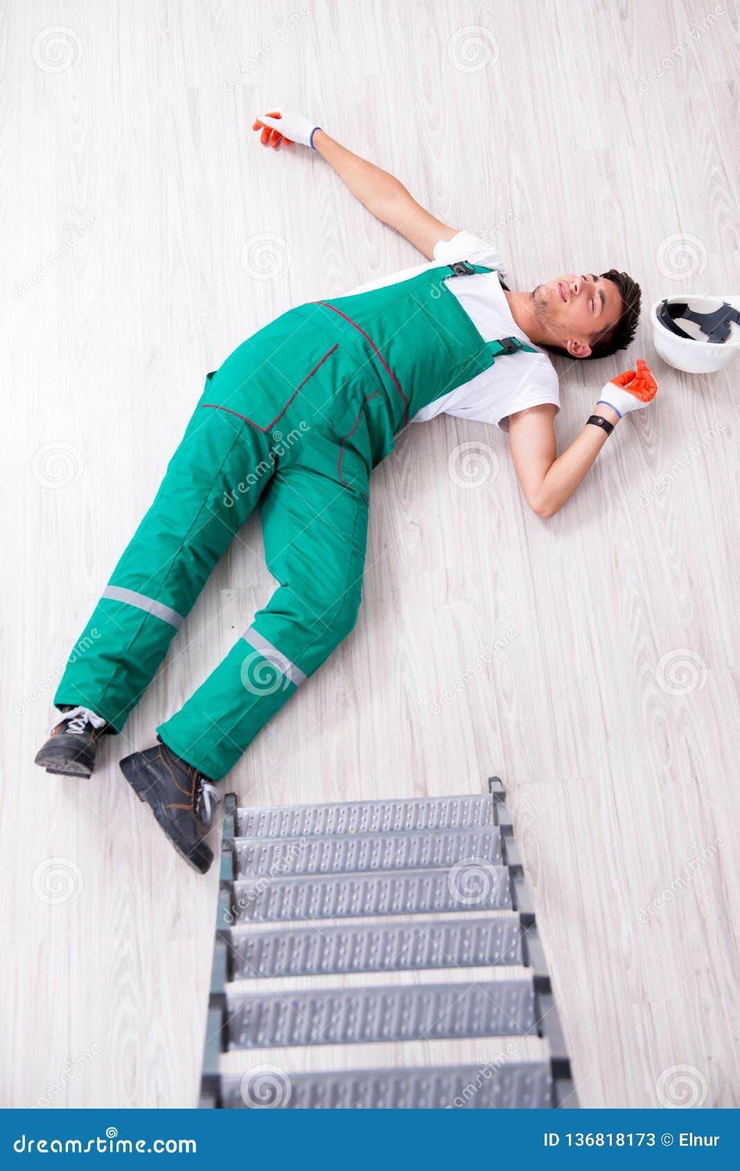 The Young Worker Falling from the Ladder Stock Image - Image of helmet ...