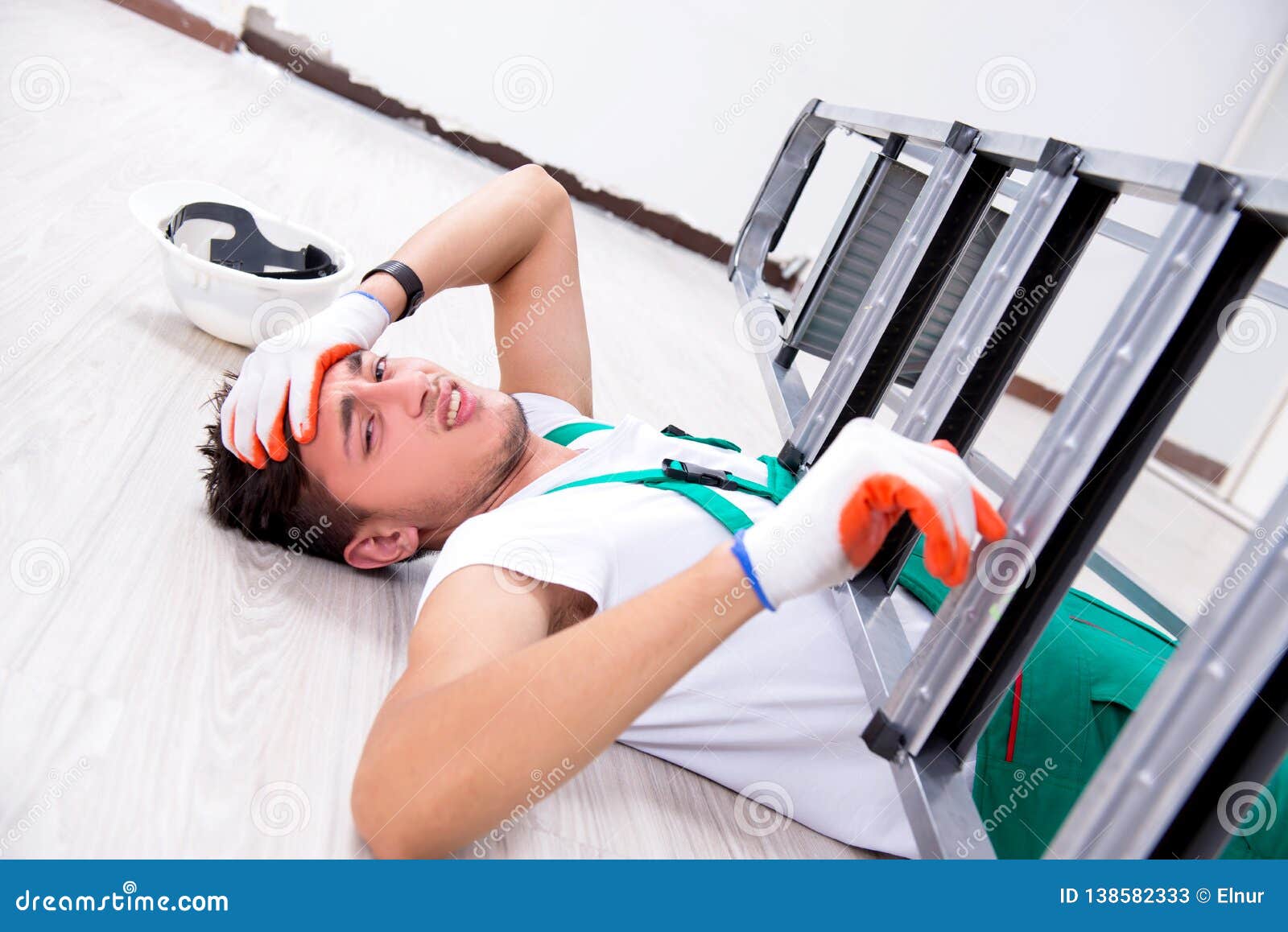 The Young Worker Falling from the Ladder Stock Image - Image of hardhat ...