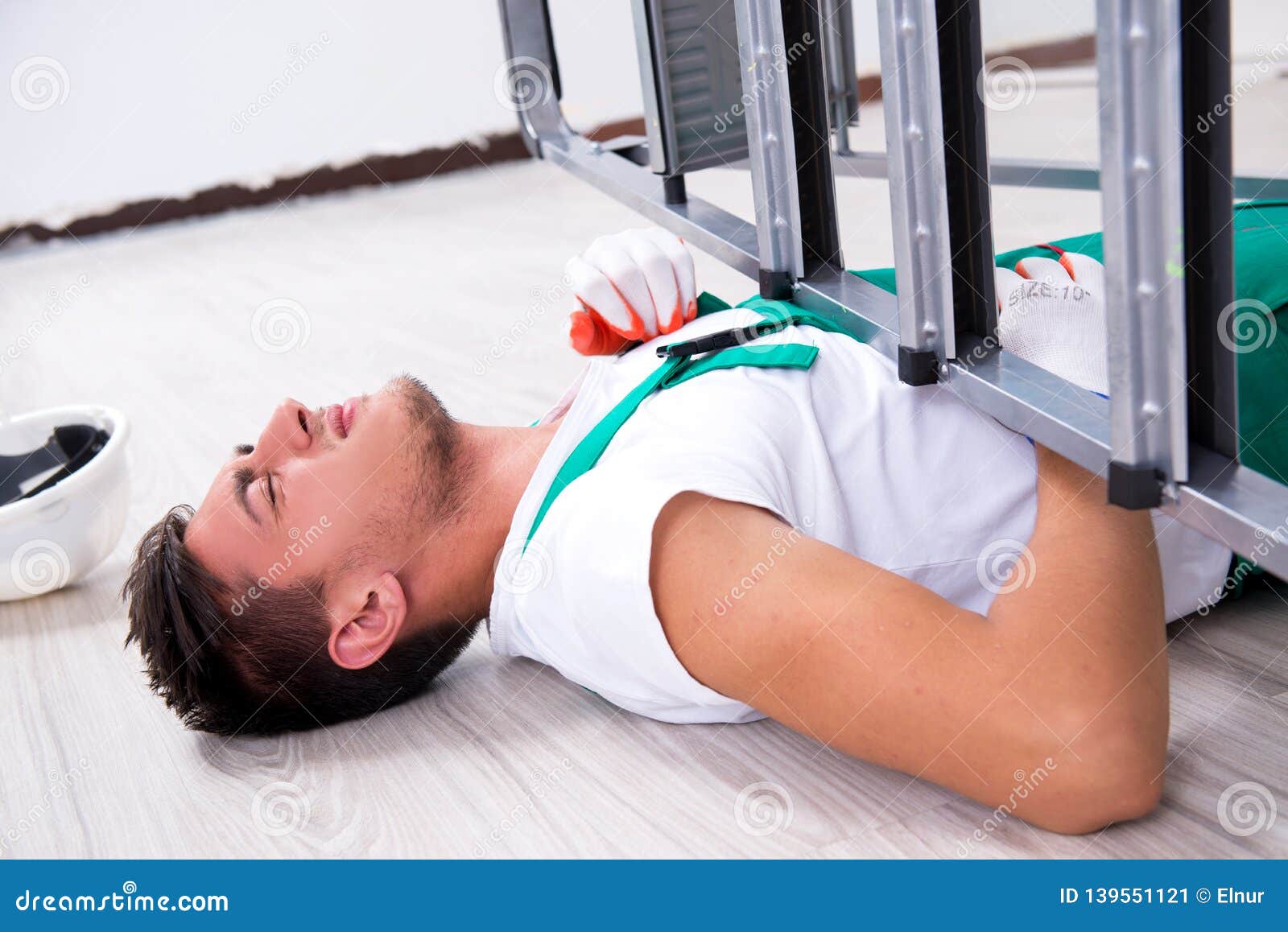 The Young Worker Falling from the Ladder Stock Image - Image of fell ...