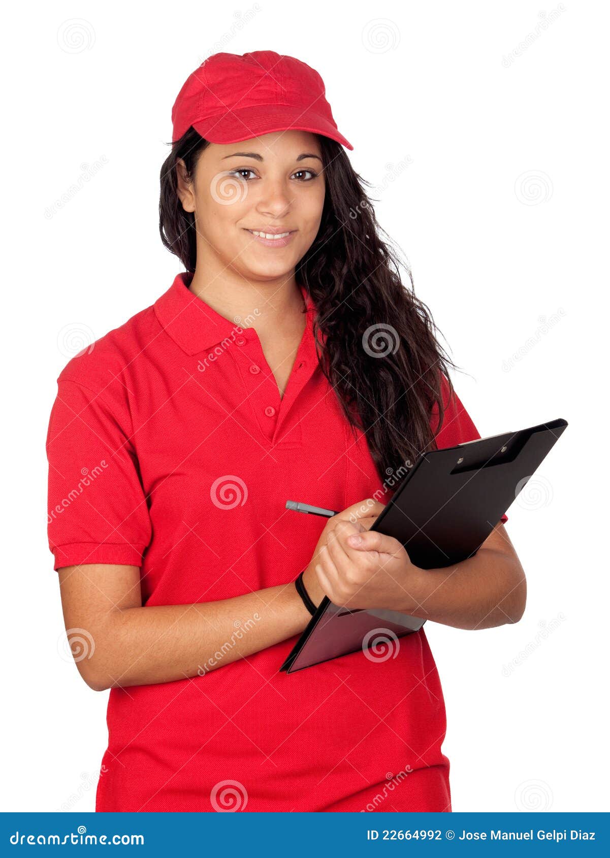 Young Worker with Red Uniform Stock Photo - Image of casual, curly ...