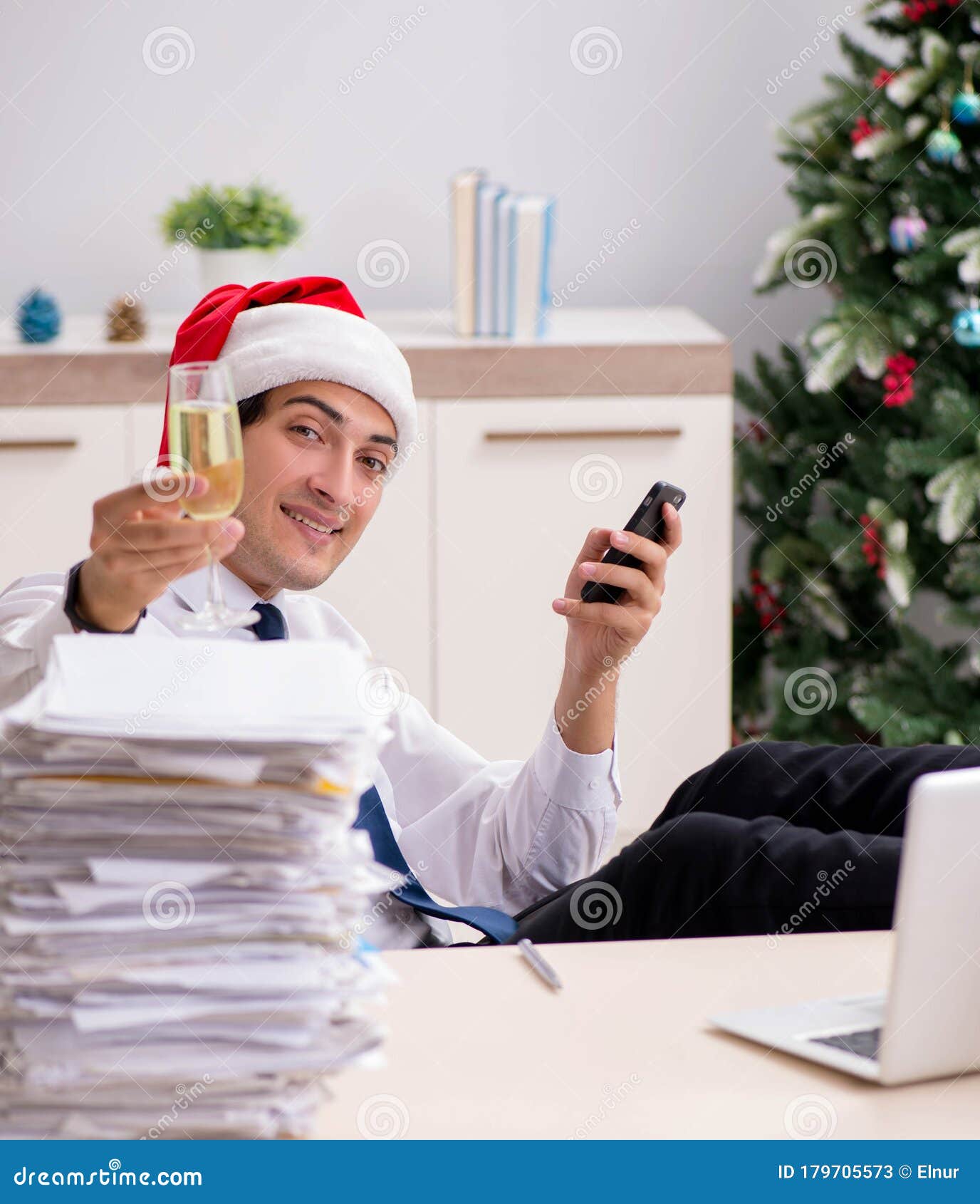 Young Worker Working in Office on Christmas Shift Stock Image - Image ...
