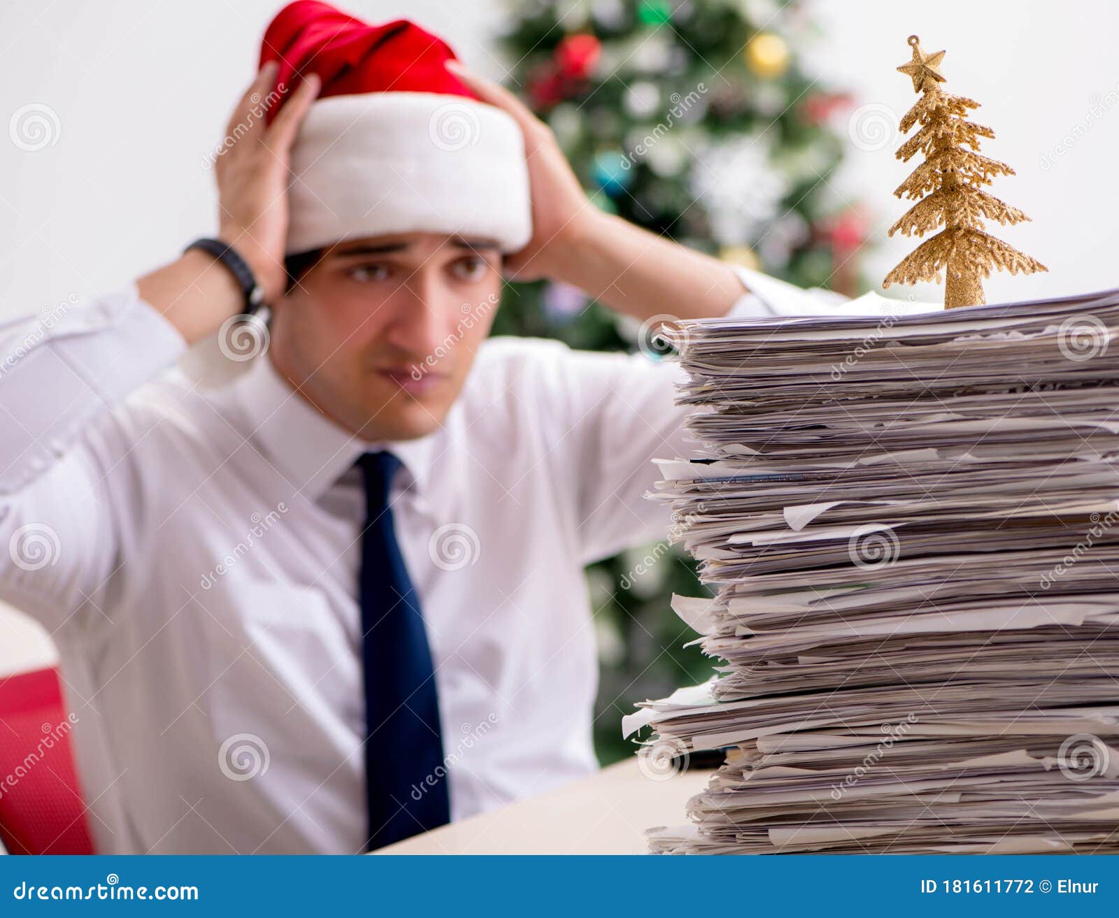 Young Worker Working in Office on Christmas Shift Stock Photo - Image ...