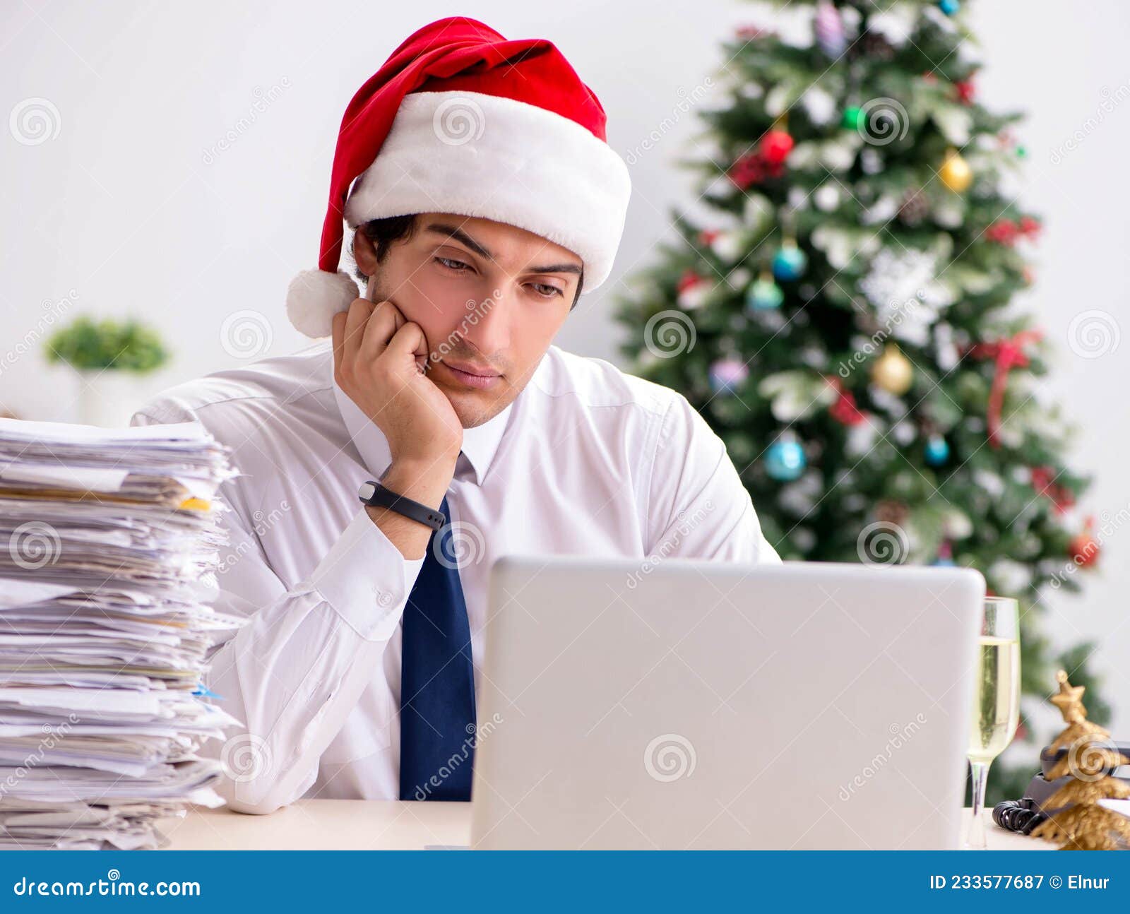 Young Worker Working in Office on Christmas Shift Stock Image - Image ...