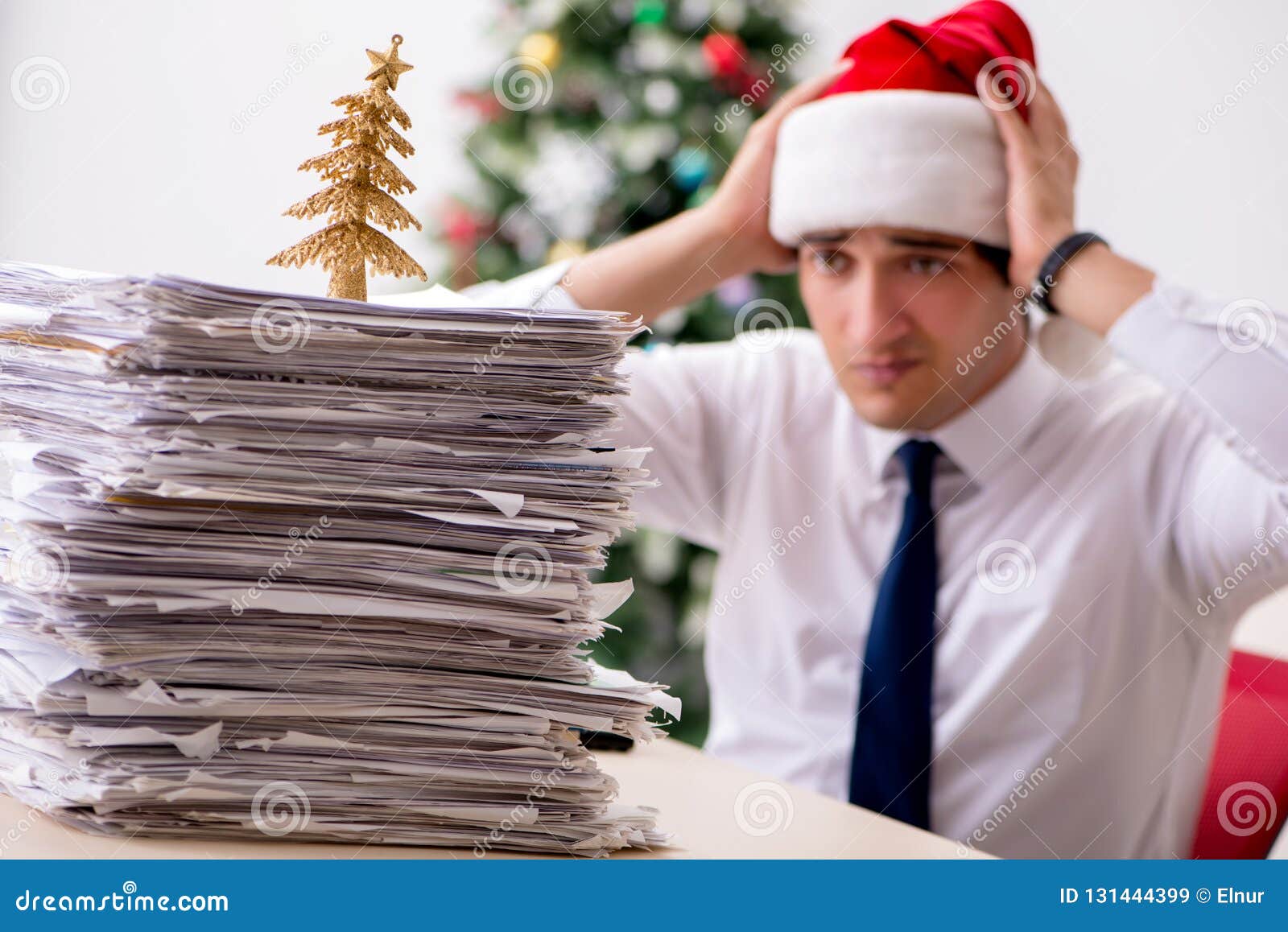 The Young Worker Working in Office on Christmas Shift Stock Image ...