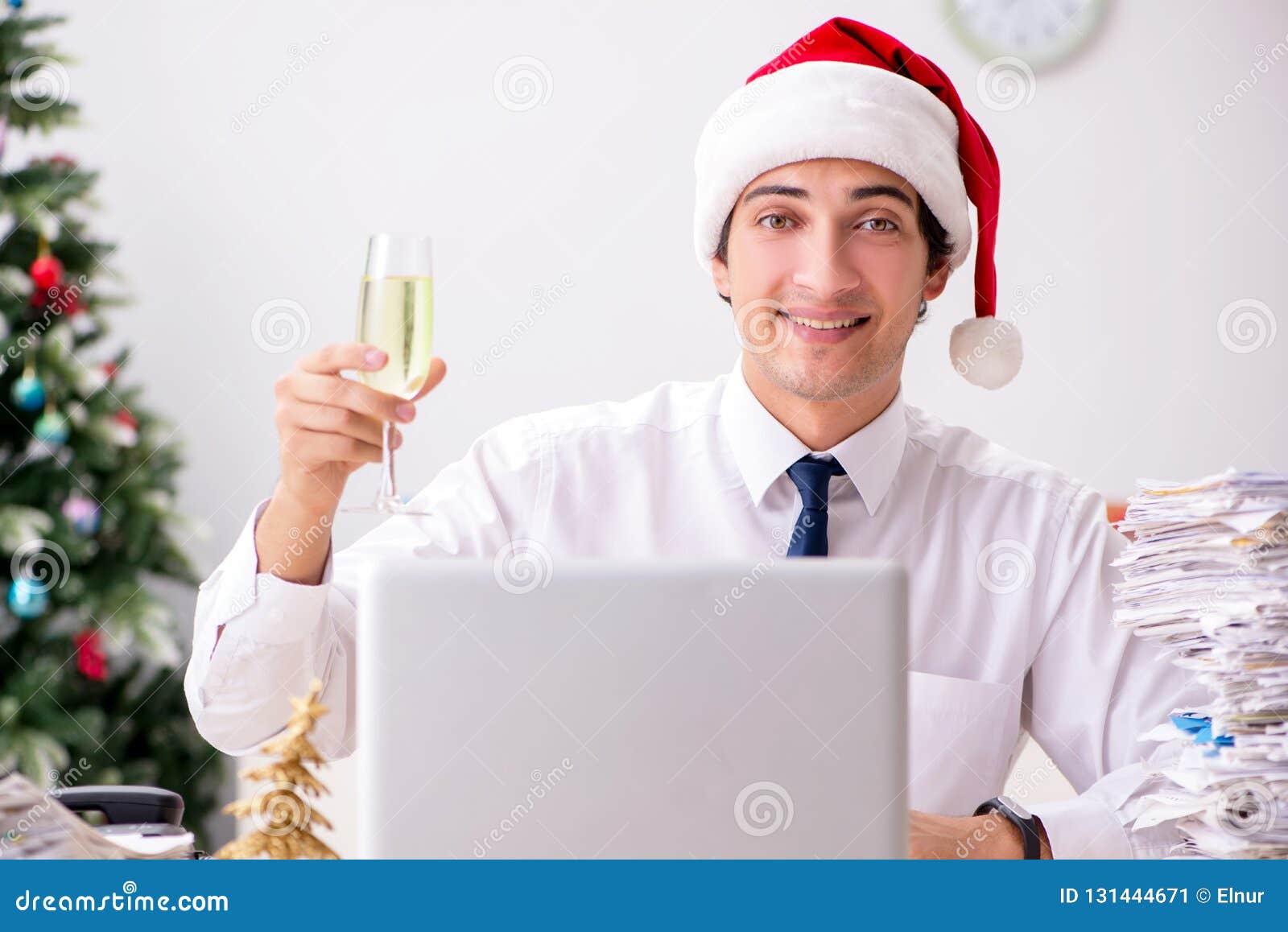 The Young Worker Working in Office on Christmas Shift Stock Image ...