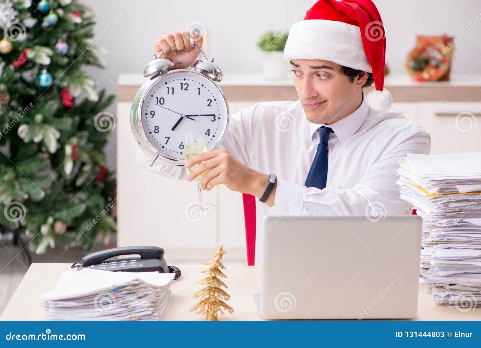 The Young Worker Working in Office on Christmas Shift Stock Image ...