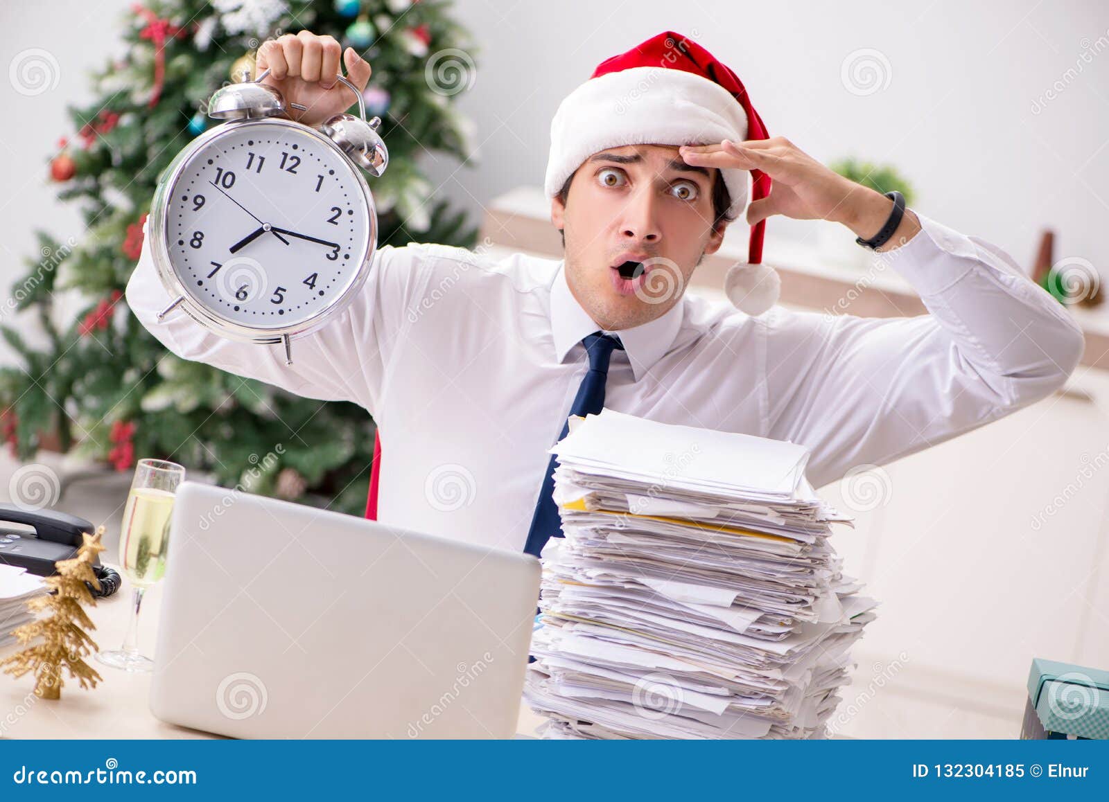 The Young Worker Working in Office on Christmas Shift Stock Image ...