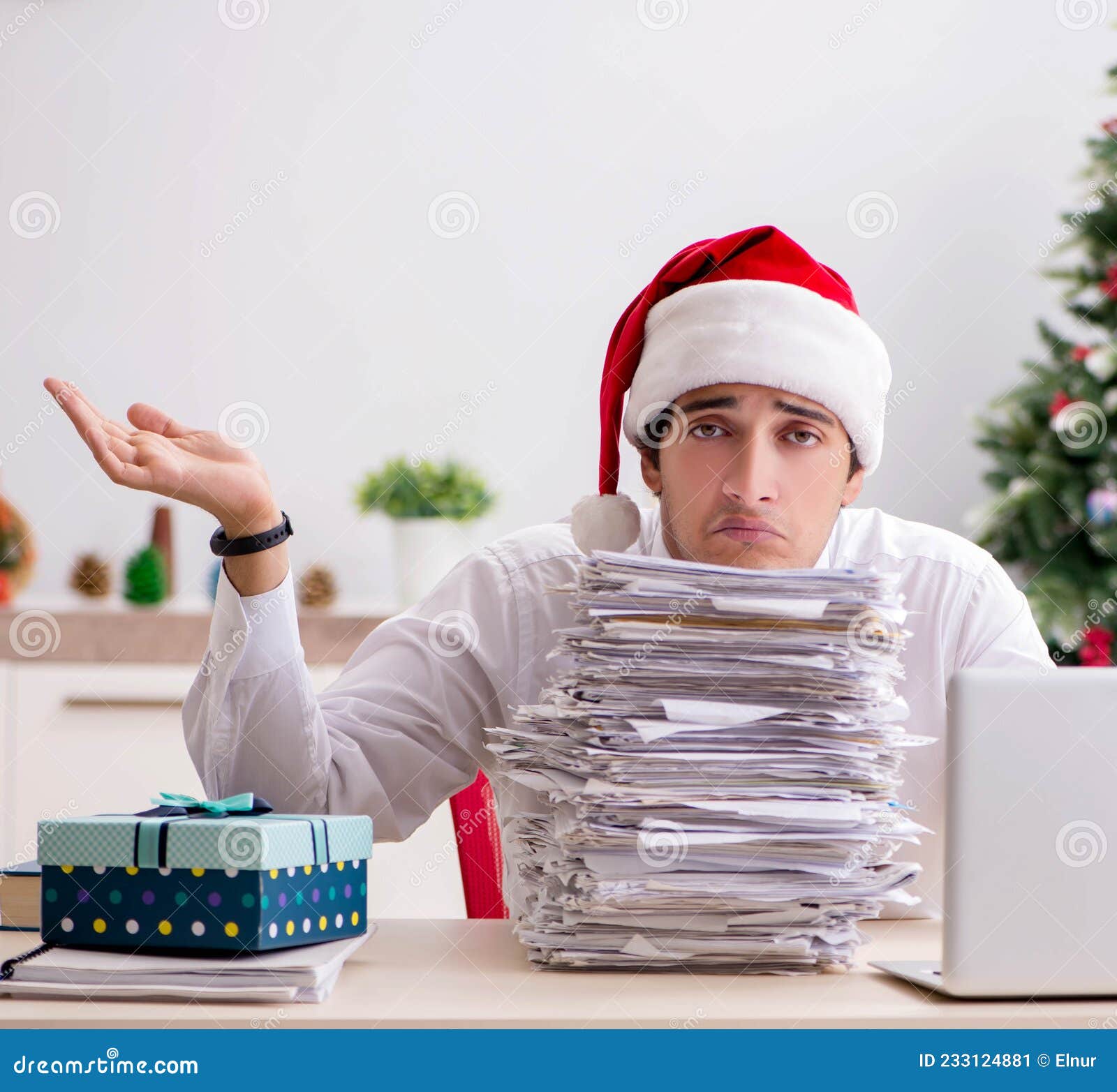 Young Worker Working in Office on Christmas Shift Stock Image - Image ...