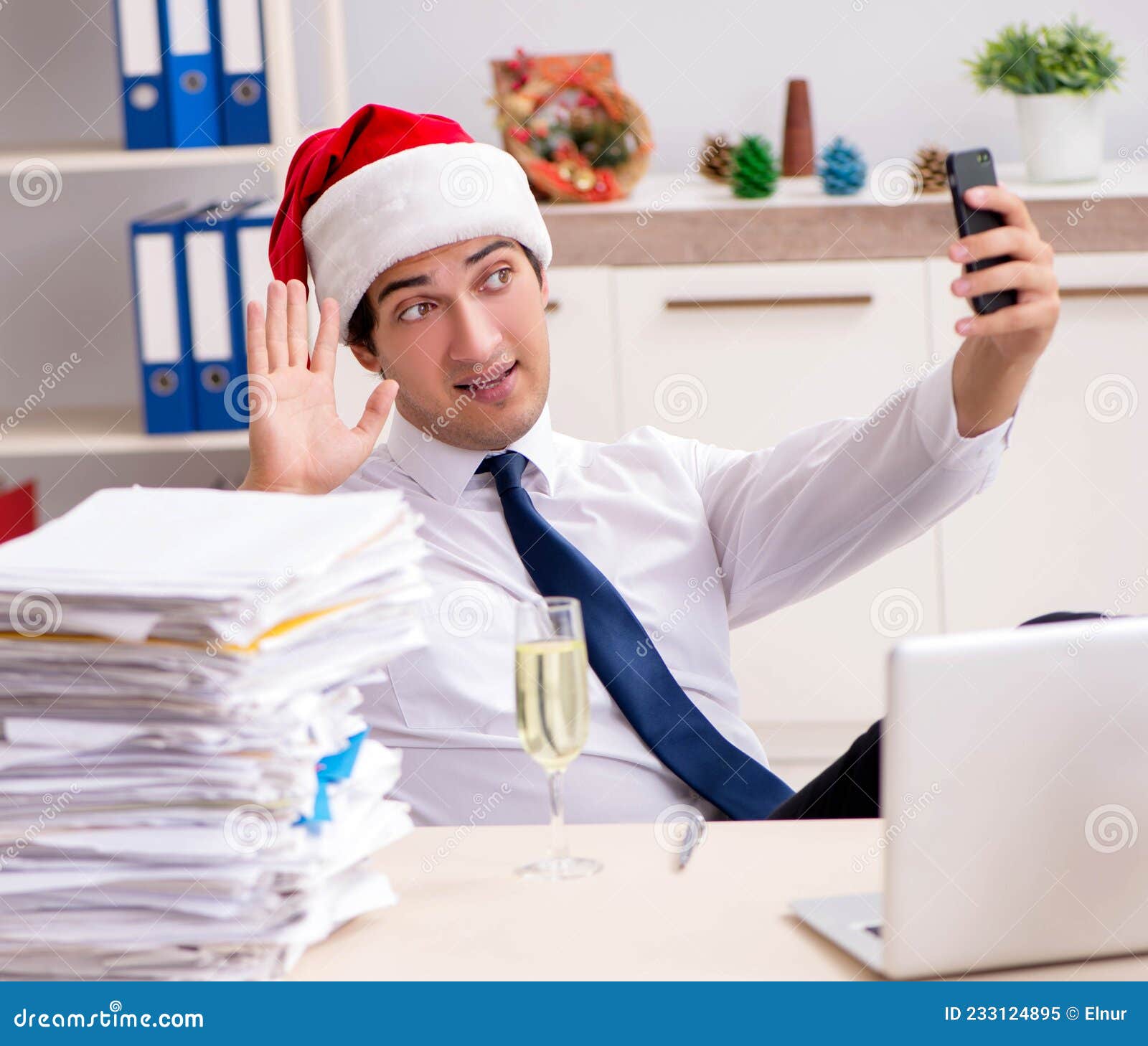 Young Worker Working in Office on Christmas Shift Stock Image - Image ...