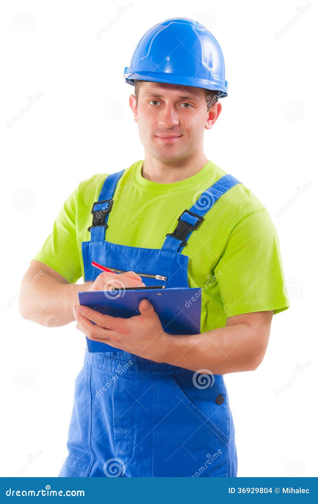 Young Worker Writing in Clipboard Stock Photo - Image of helmet ...