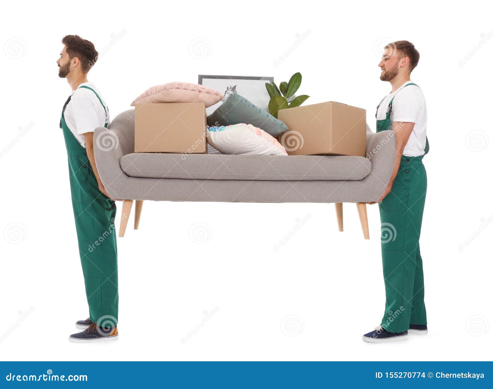 Young Workers Carrying Sofa with Stuff Isolated on White Stock Photo ...